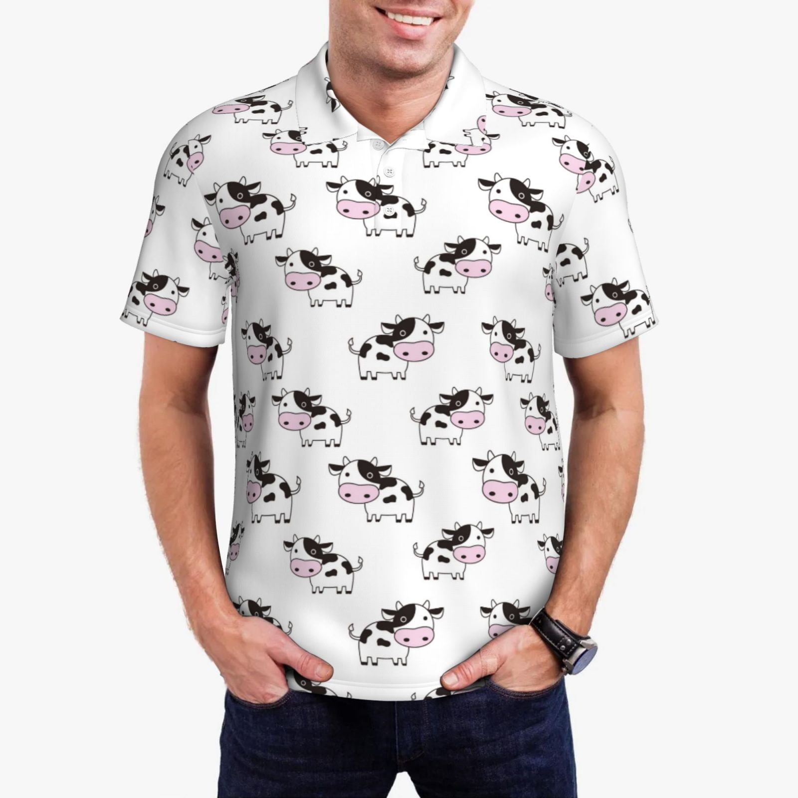 Polo Shirts for Men - Cute Cartoon Cow Print White Mens Polo Shirts ...