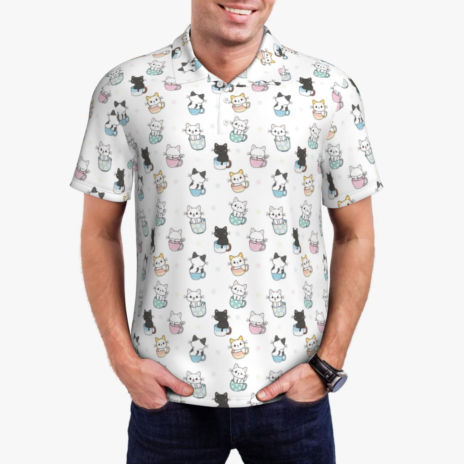 Polo Shirts for Men Cute Cartoon Hand Drawn Cat Casual Mens Short ...