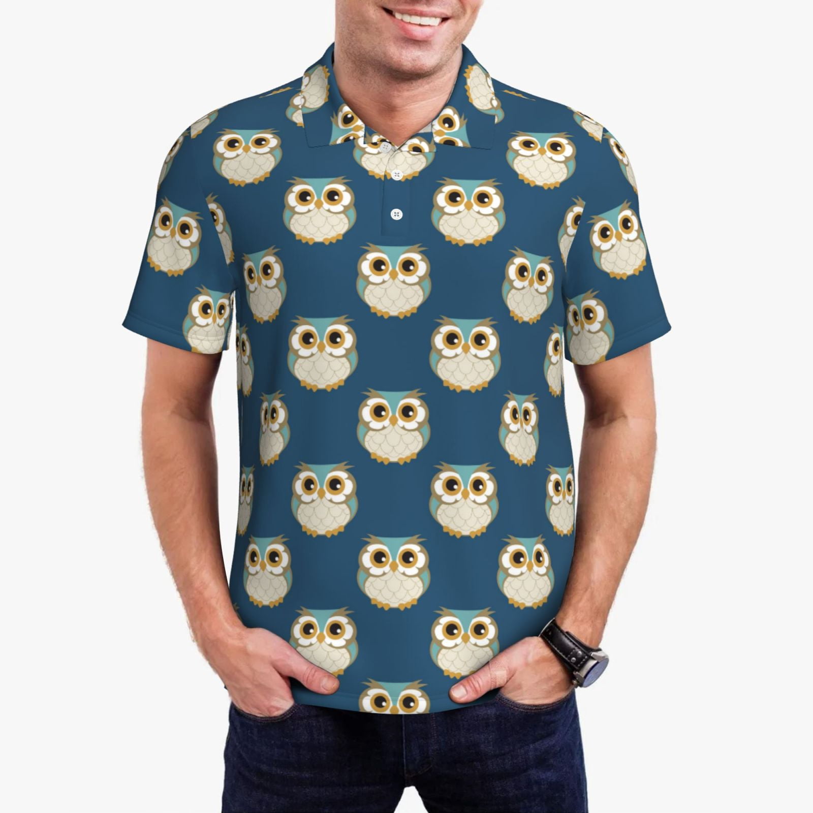 Polo Shirts for Men - Cute Cartoon Owl Blue Classic Mens Polo Shirts ...