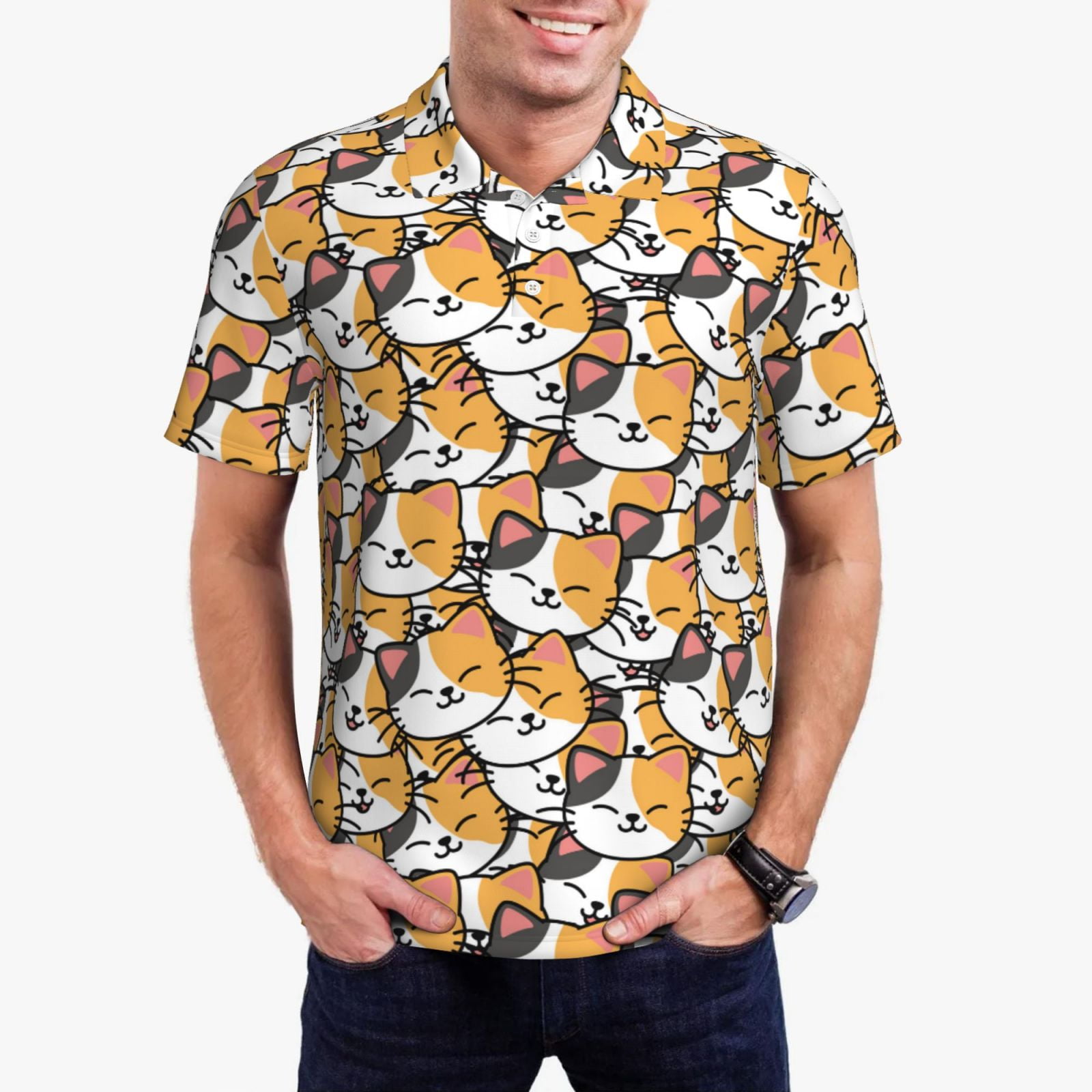 Polo Shirts for Men - Cute Cartoon Smiling Cat Face Mens Polo Shirts ...