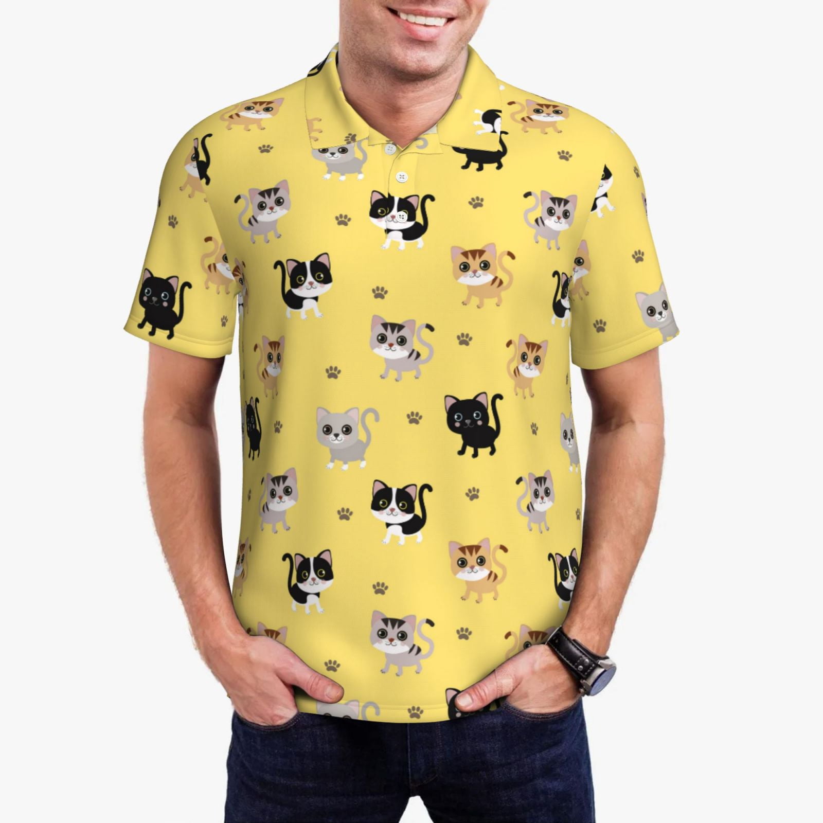 Polo Shirts for Men Cute Cat Cartoon Style Yellow Casual Mens Short ...