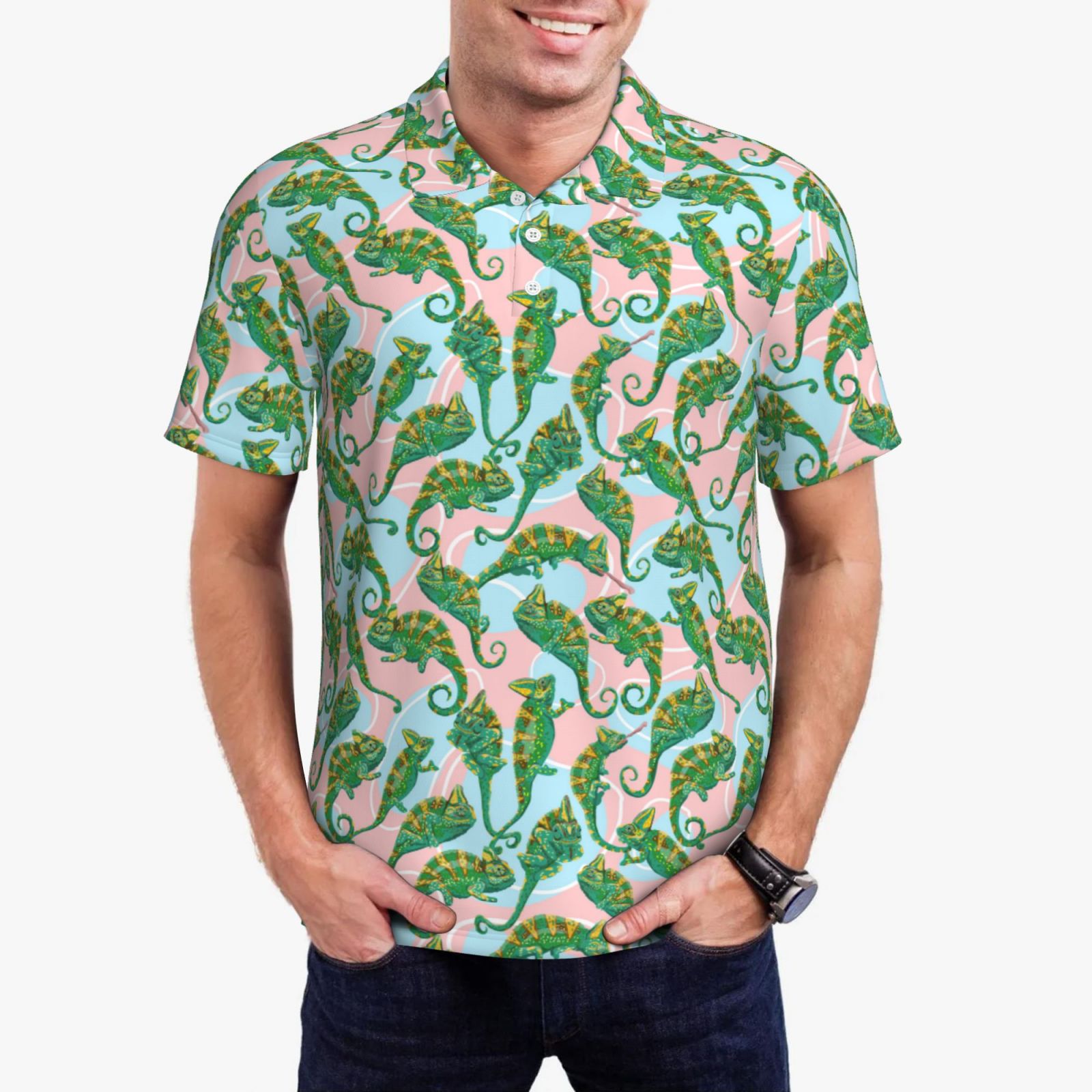 Polo Shirts for Men, Cute Chameleon Lizard Green Cuteness Casual Mens ...