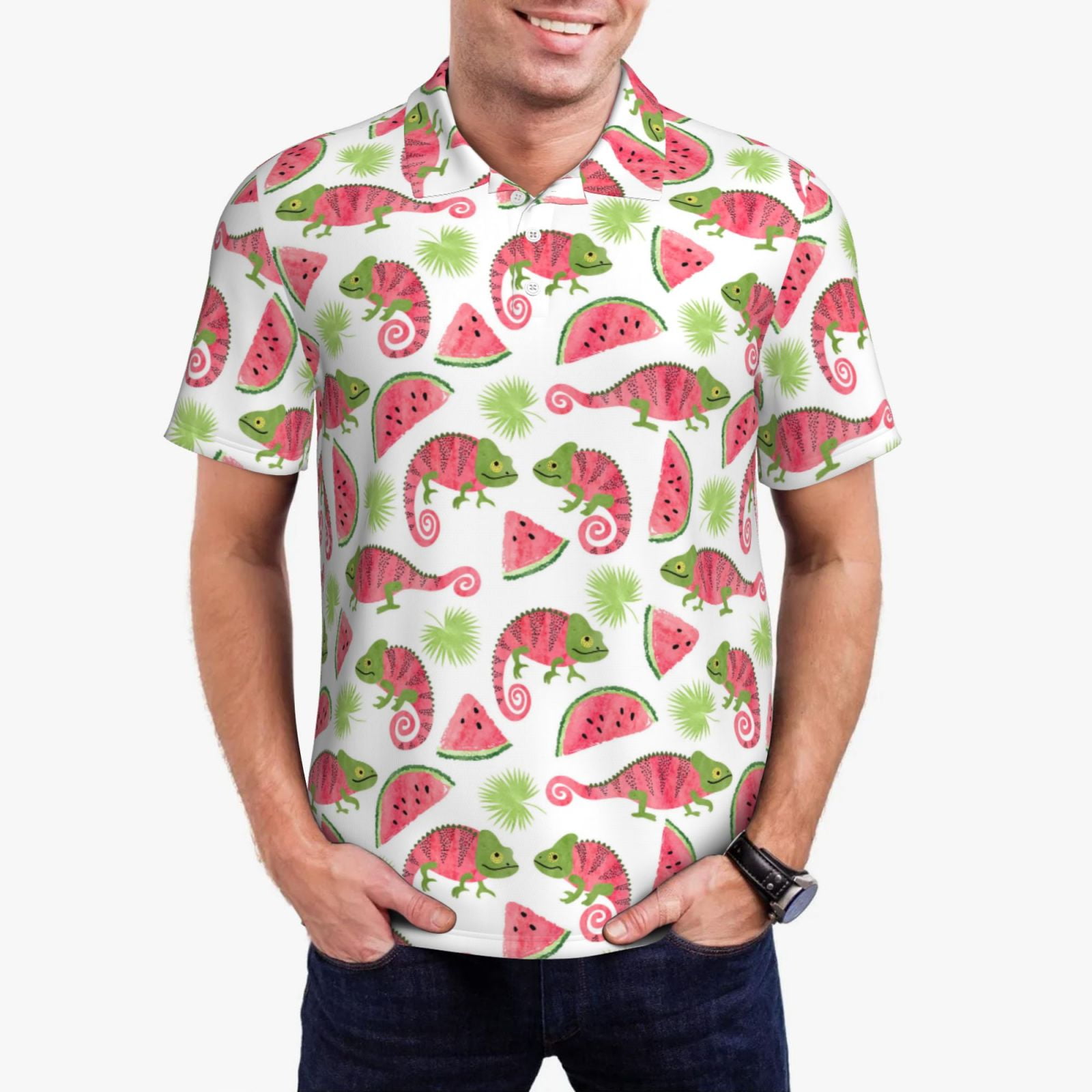 Polo Shirts for Men Cute Chameleon Watermelon Casual Mens Short Sleeve Polo Shirts, Button Down ...