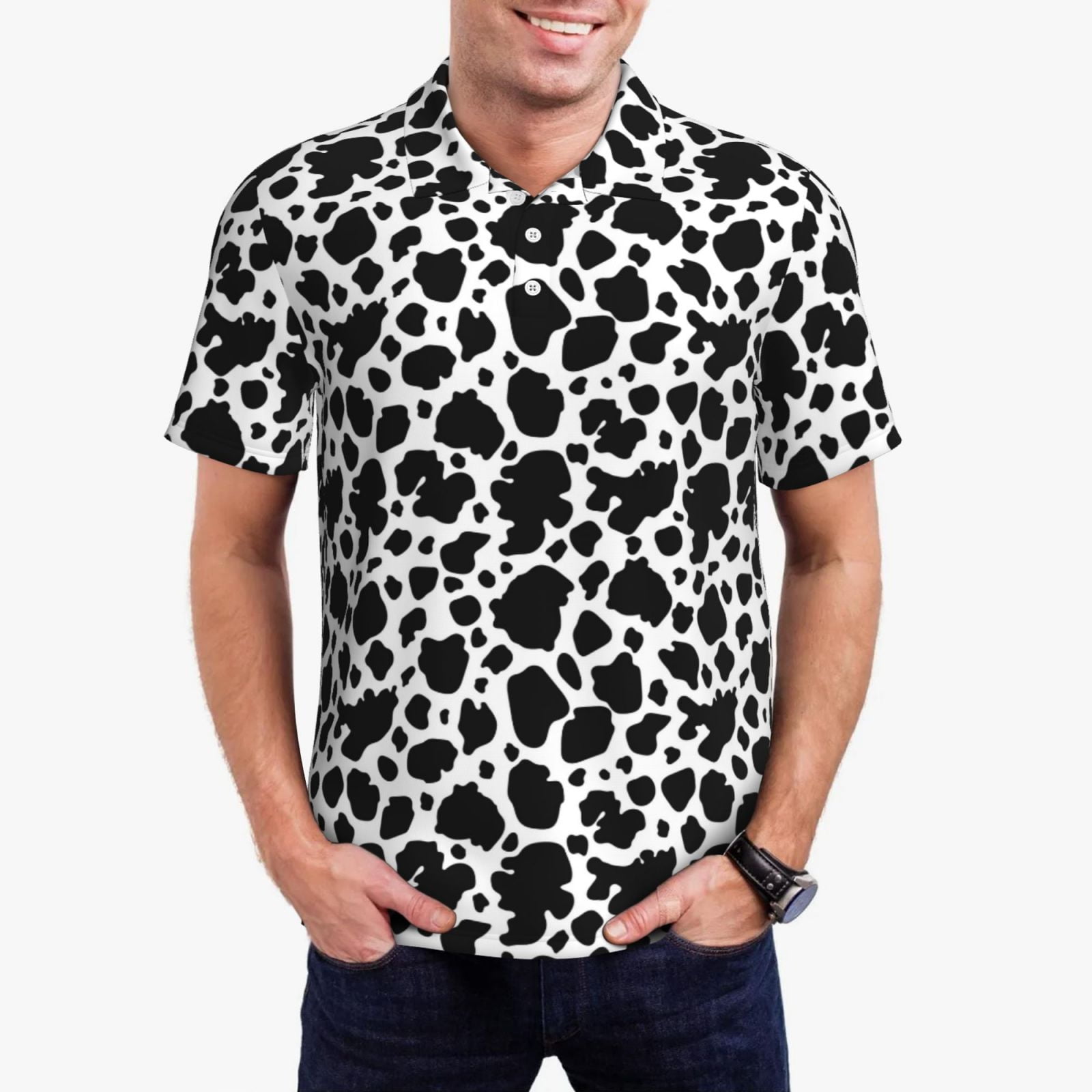 Polo Shirts for Men - Cute Cow Print Black White Classic Mens Polo ...