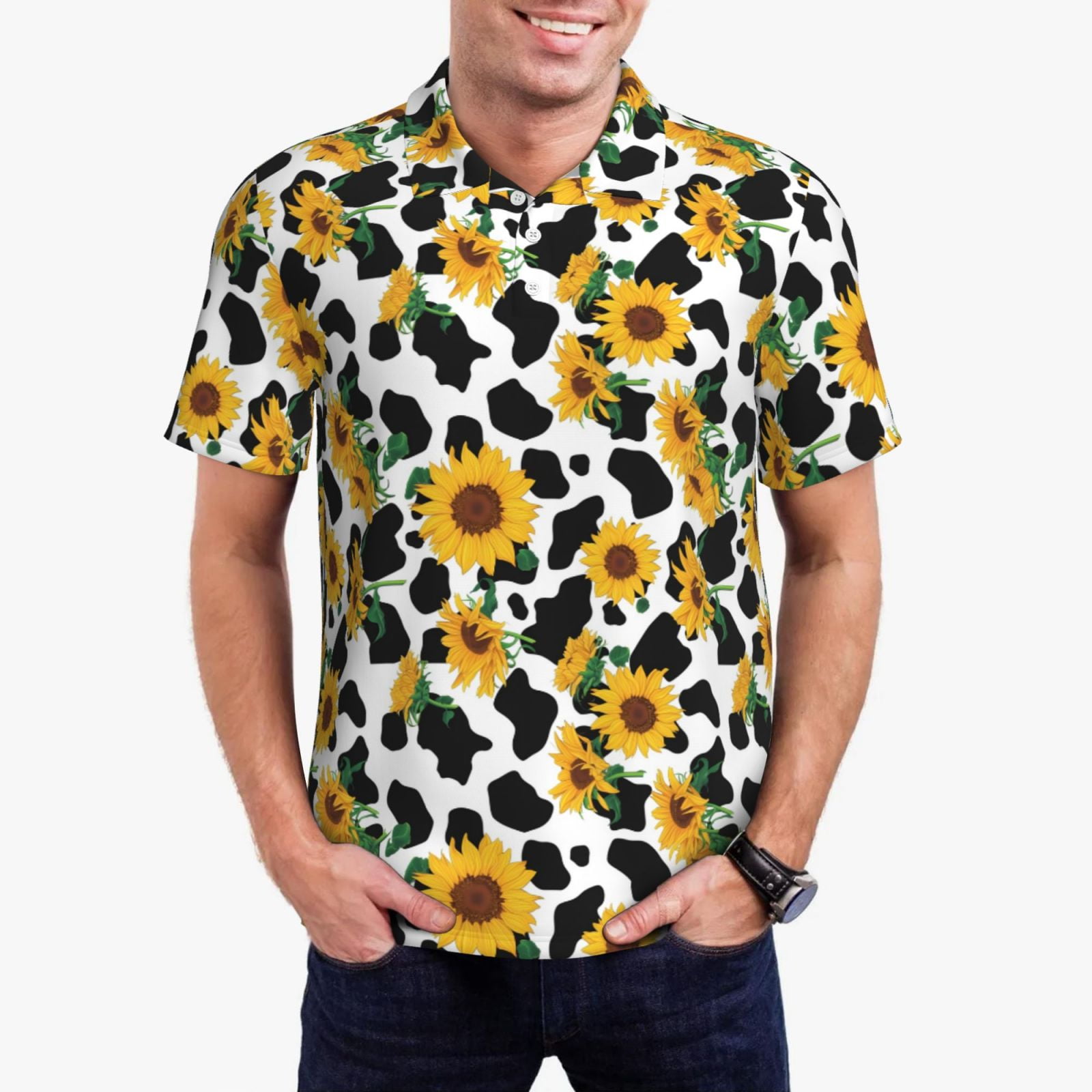 Polo Shirts for Men Cute Cow Print Sunflower A Casual Mens Short Sleeve ...