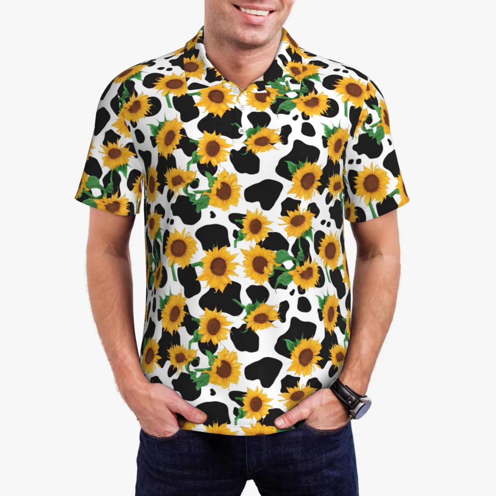 Polo Shirts for Men Cute Cow Print Sunflower C Casual Mens Short Sleeve ...