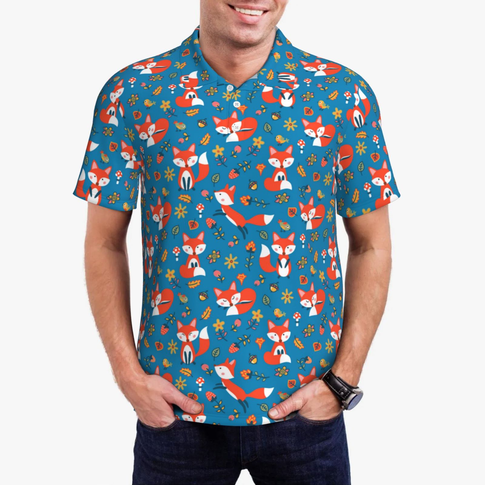 Polo Shirts for Men - Cute Fox Floral Mens Polo Shirts Short Sleeve ...