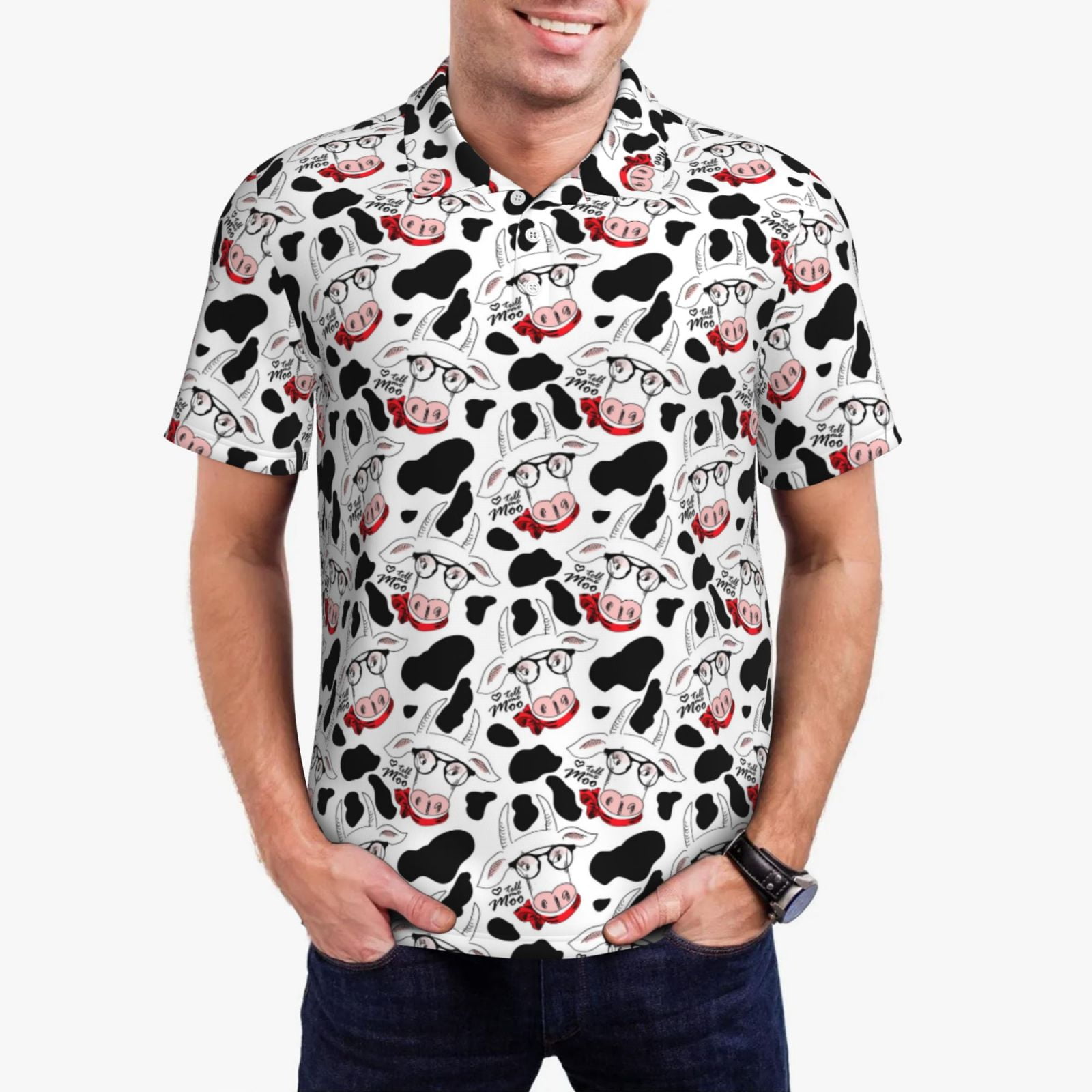 Polo Shirts for Men - Cute Funny Cow with Glasses Classic Mens Polo ...