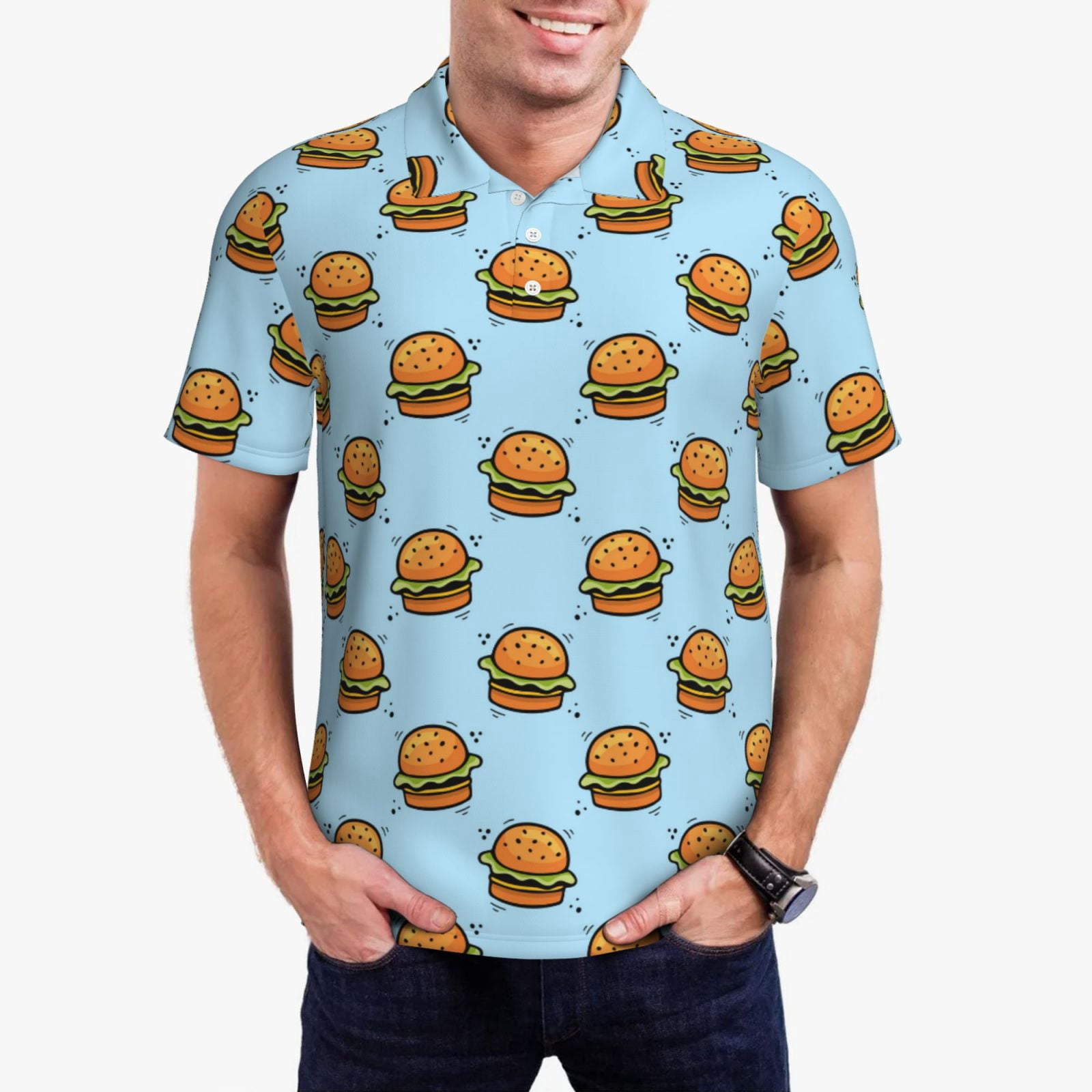 Polo Shirts for Men, Cute Hamburger Blue Cuteness Casual Mens Polo ...