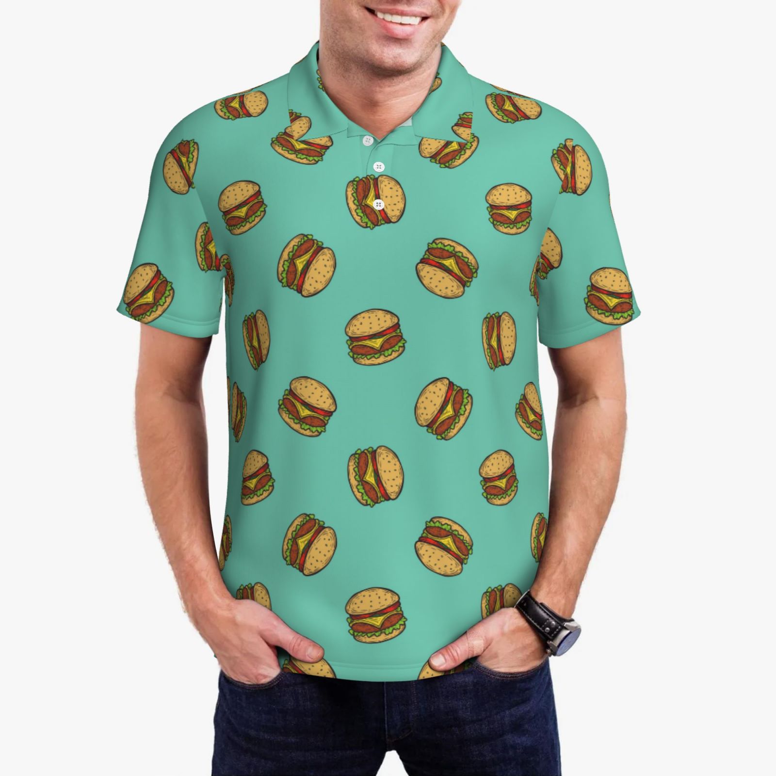 Polo Shirts for Men, Cute Hamburger Teal Blue Cuteness Casual Mens Polo ...
