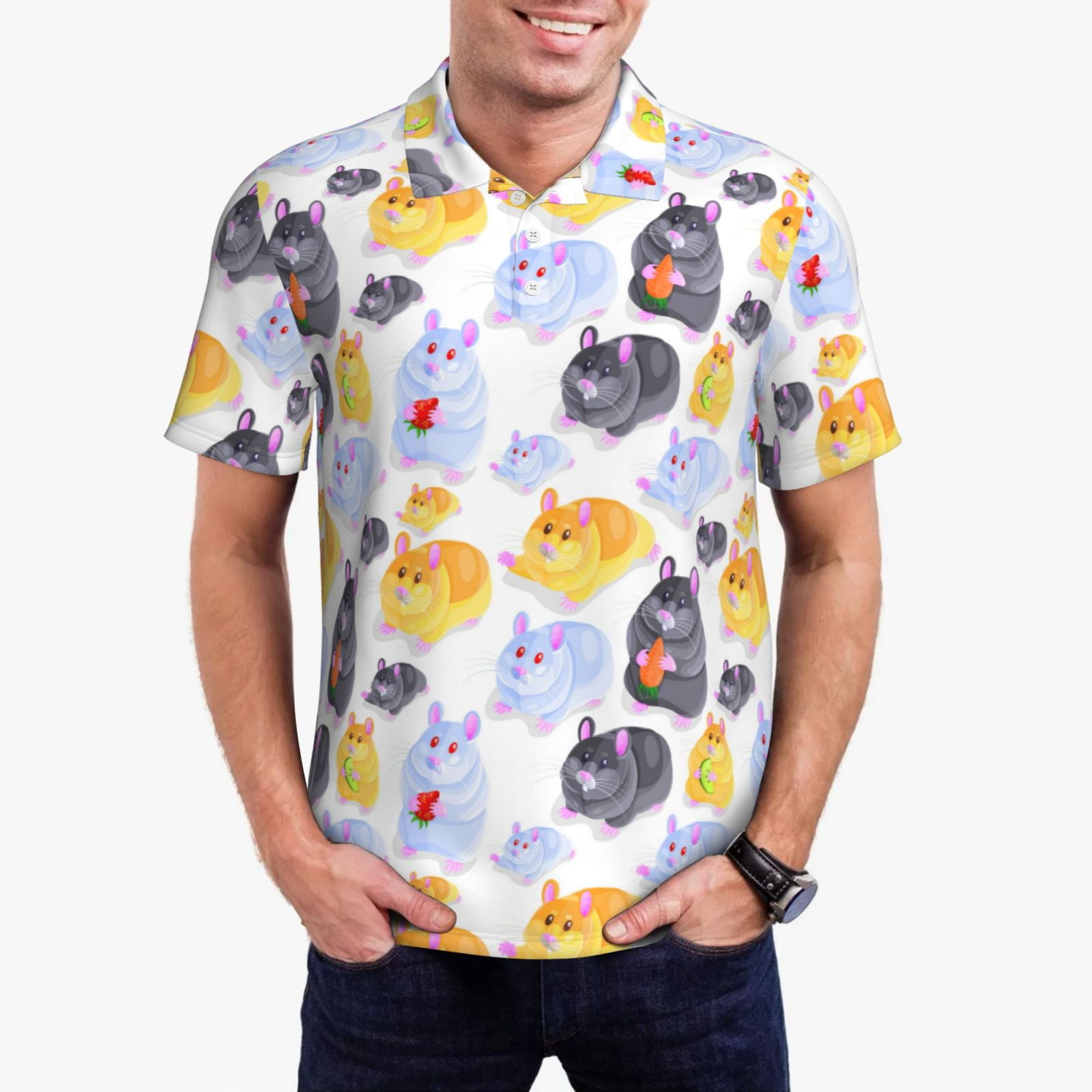 Polo Shirts for Men - Cute Hamster Black White Yellow Classic Mens Polo ...