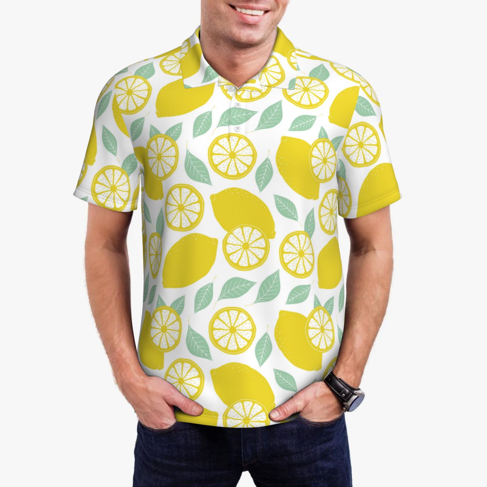 Polo Shirts for Men Cute Lemon Light Green Leaves Casual Mens Short ...