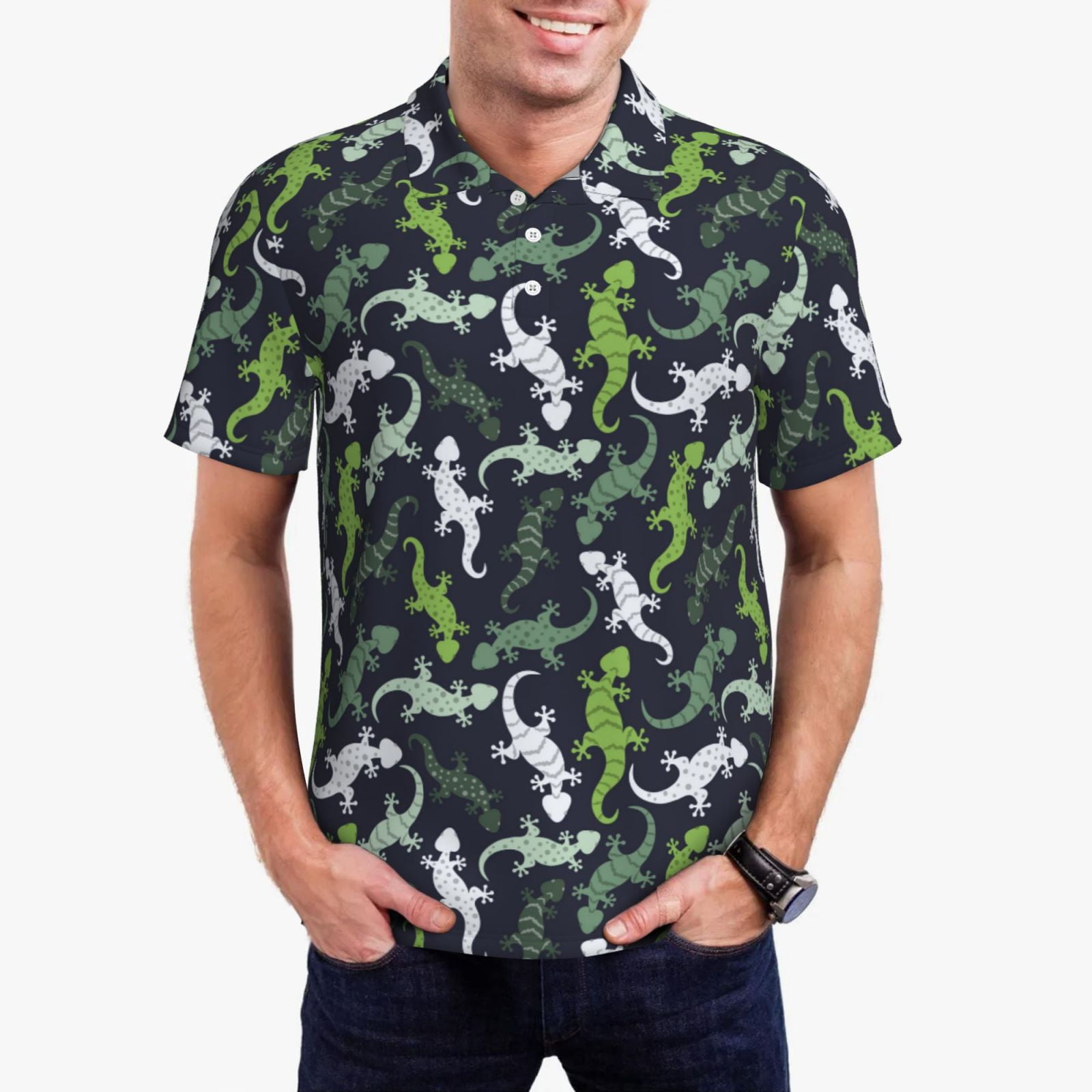 Polo Shirts for Men, Cute Lizard Gecko Green Cuteness Casual Mens Polo ...