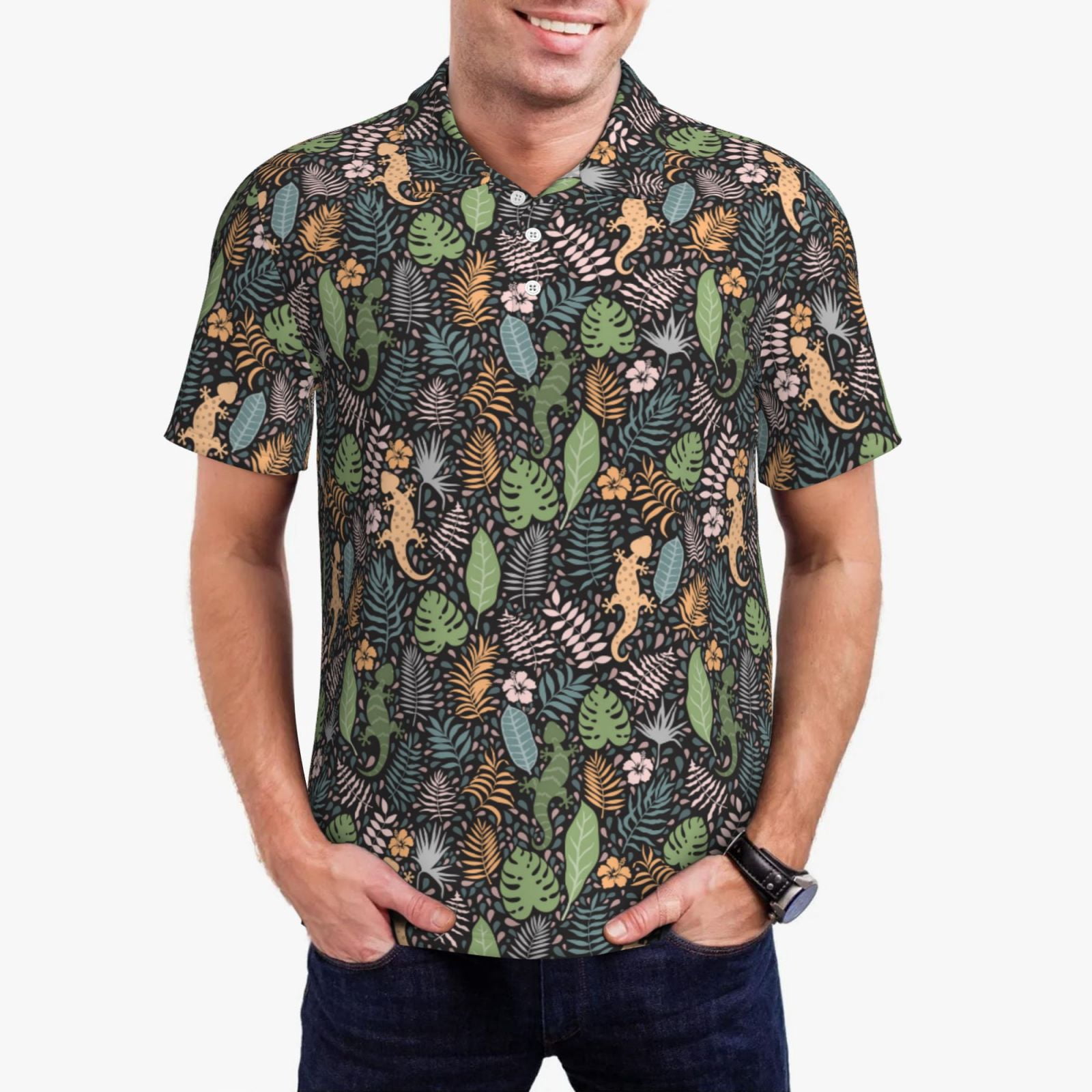 Polo Shirts for Men - Cute Lizard Gecko Tropical Plant Classic Mens ...
