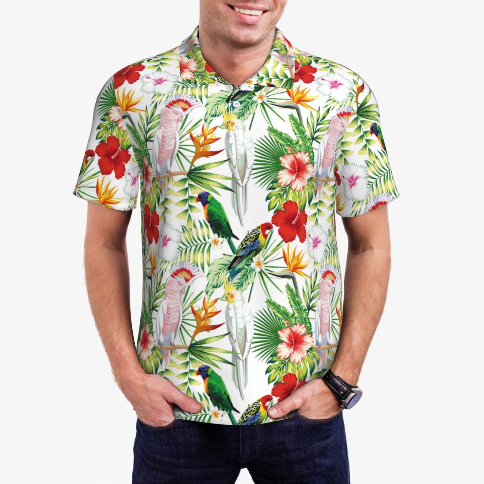 Polo Shirts for Men Cute Painted Cute Parrot Bird Plant Casual Mens ...
