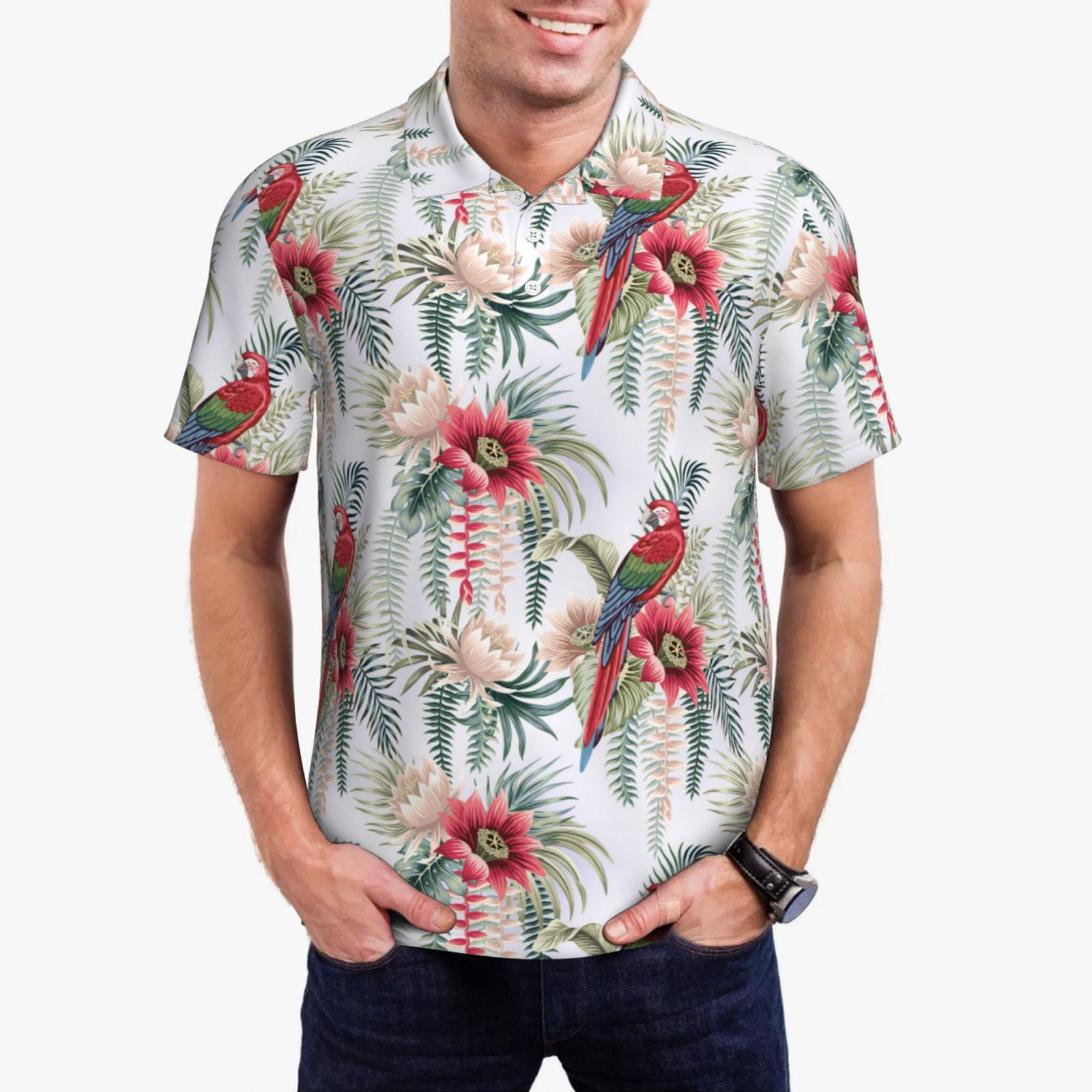 Polo Shirts for Men, Cute Parrot Flowers Palm Leaves Cuteness Casual ...