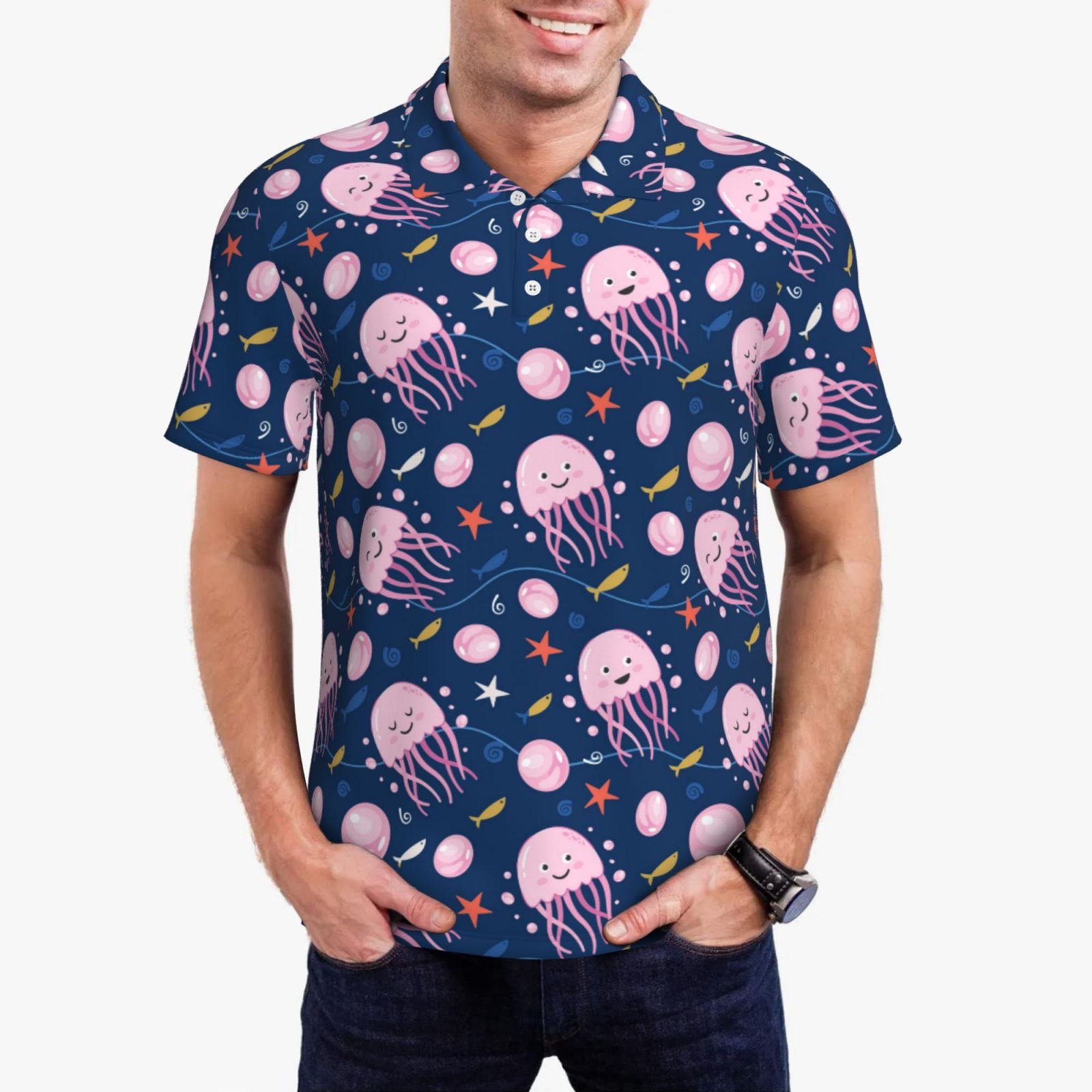 Polo Shirts for Men - Cute Pink Jellyfish Classic Mens Polo Shirts ...