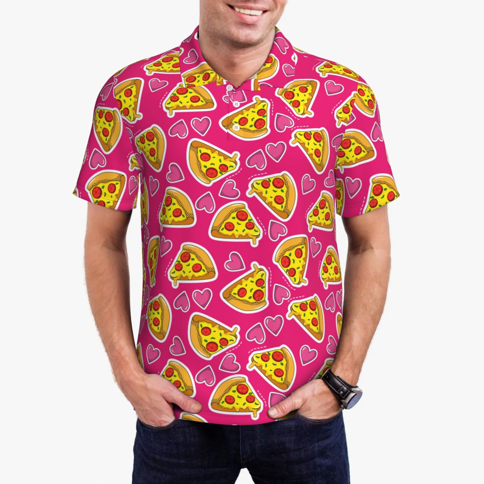 Polo Shirts for Men Cute Pizza Pink Love Casual Mens Short Sleeve Polo ...