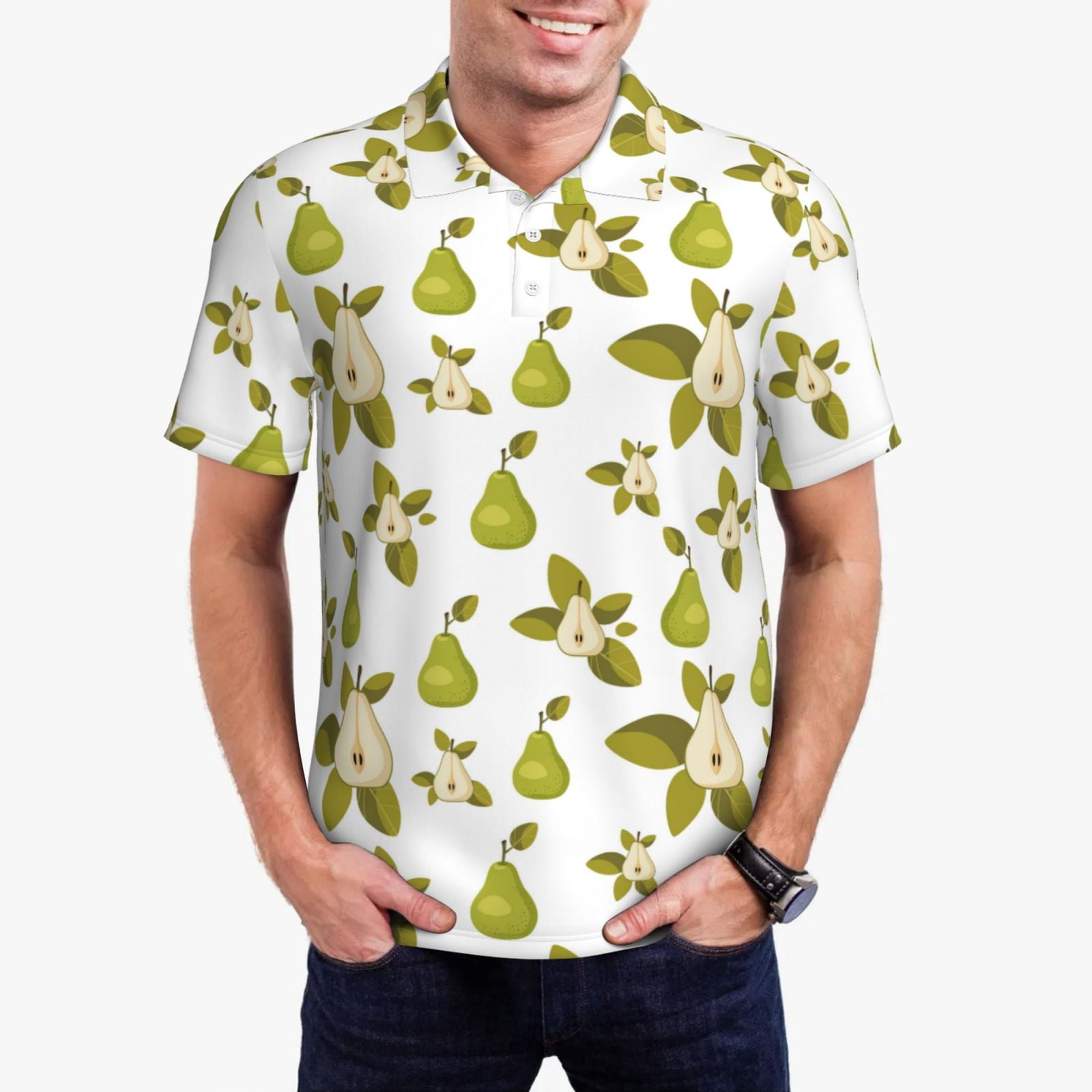 Polo Shirts for Men, Cute Sea Green Pear Cuteness Casual Mens Polo ...