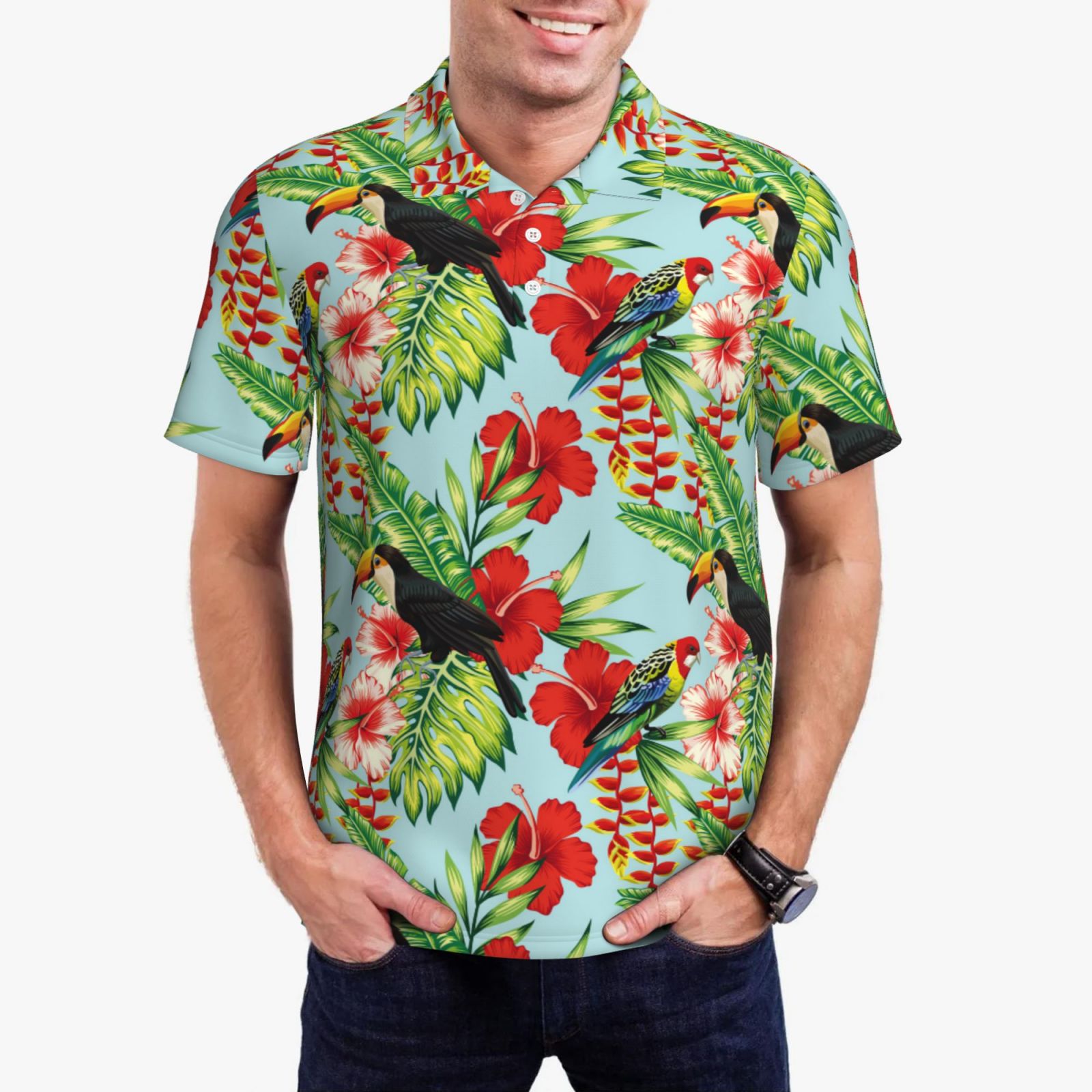 Polo Shirts for Men, Cute Toucan Parrot Flowers Leaves Soft Casual Mens ...