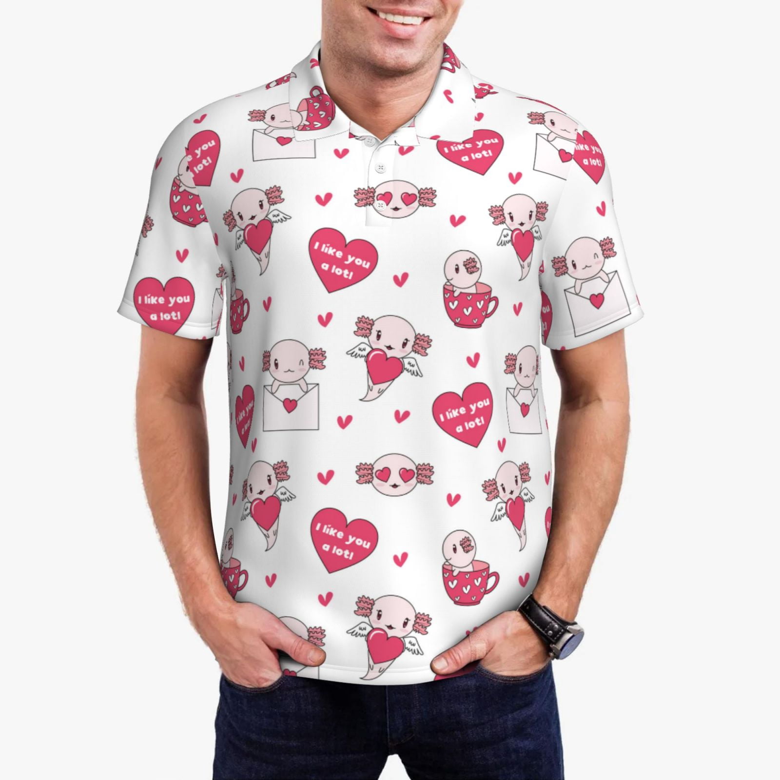 Polo Shirts for Men Cute Valentine Axolotl cup heart Casual Mens Short ...