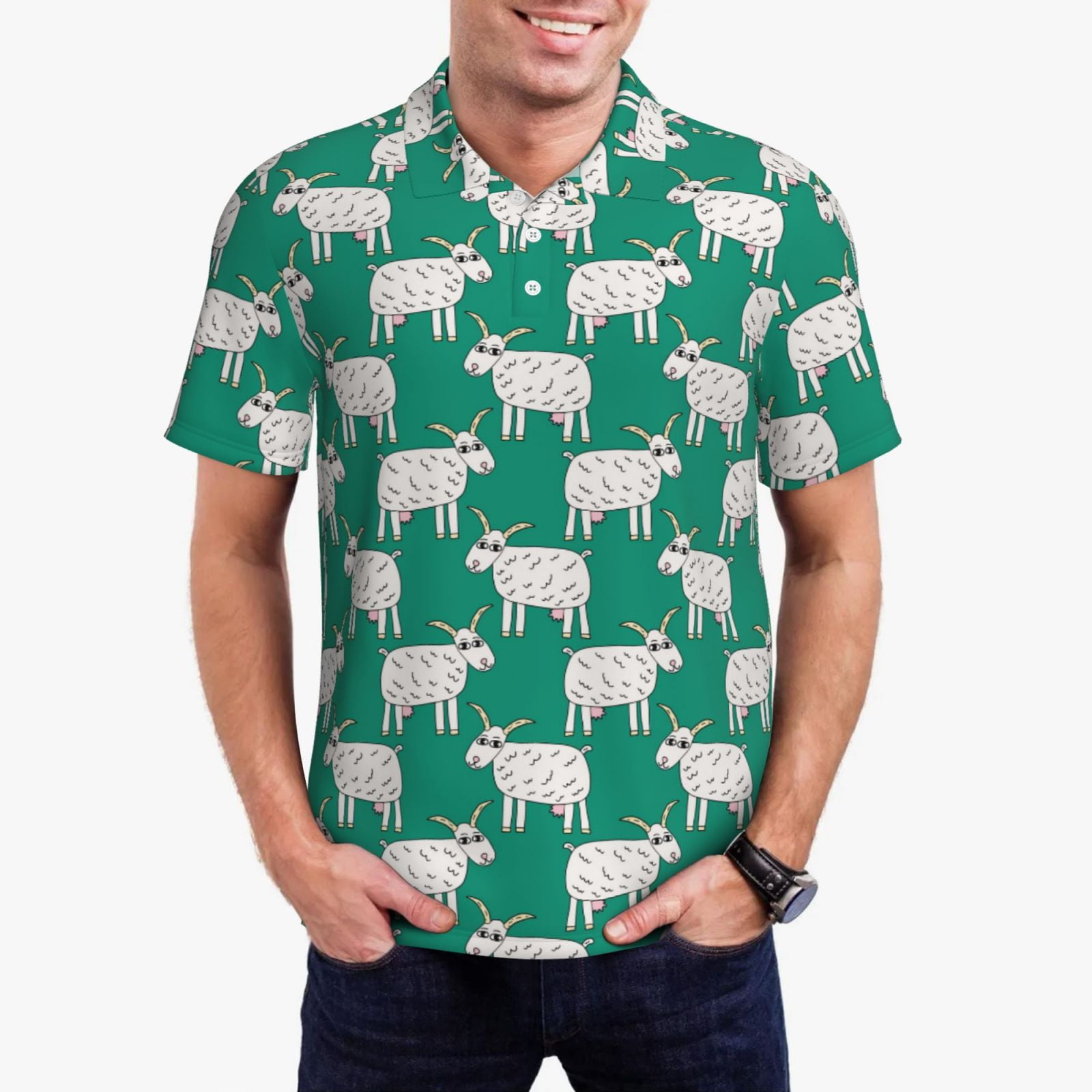 Polo Shirts for Men - Cute cartoon doodle goat green Mens Polo Shirts ...