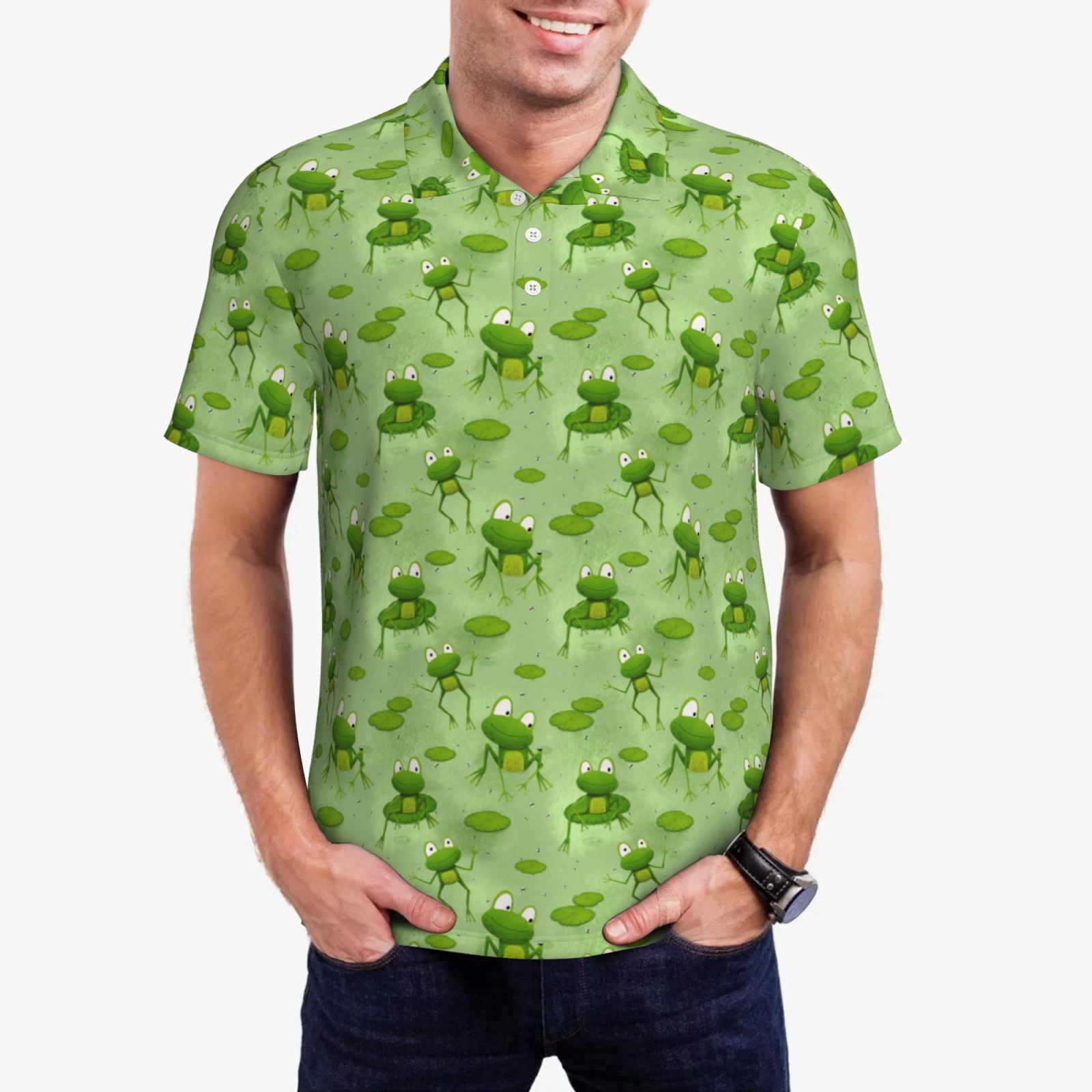 Polo Shirts for Men - Cute cartoon frogs water lily Mens Polo Shirts ...