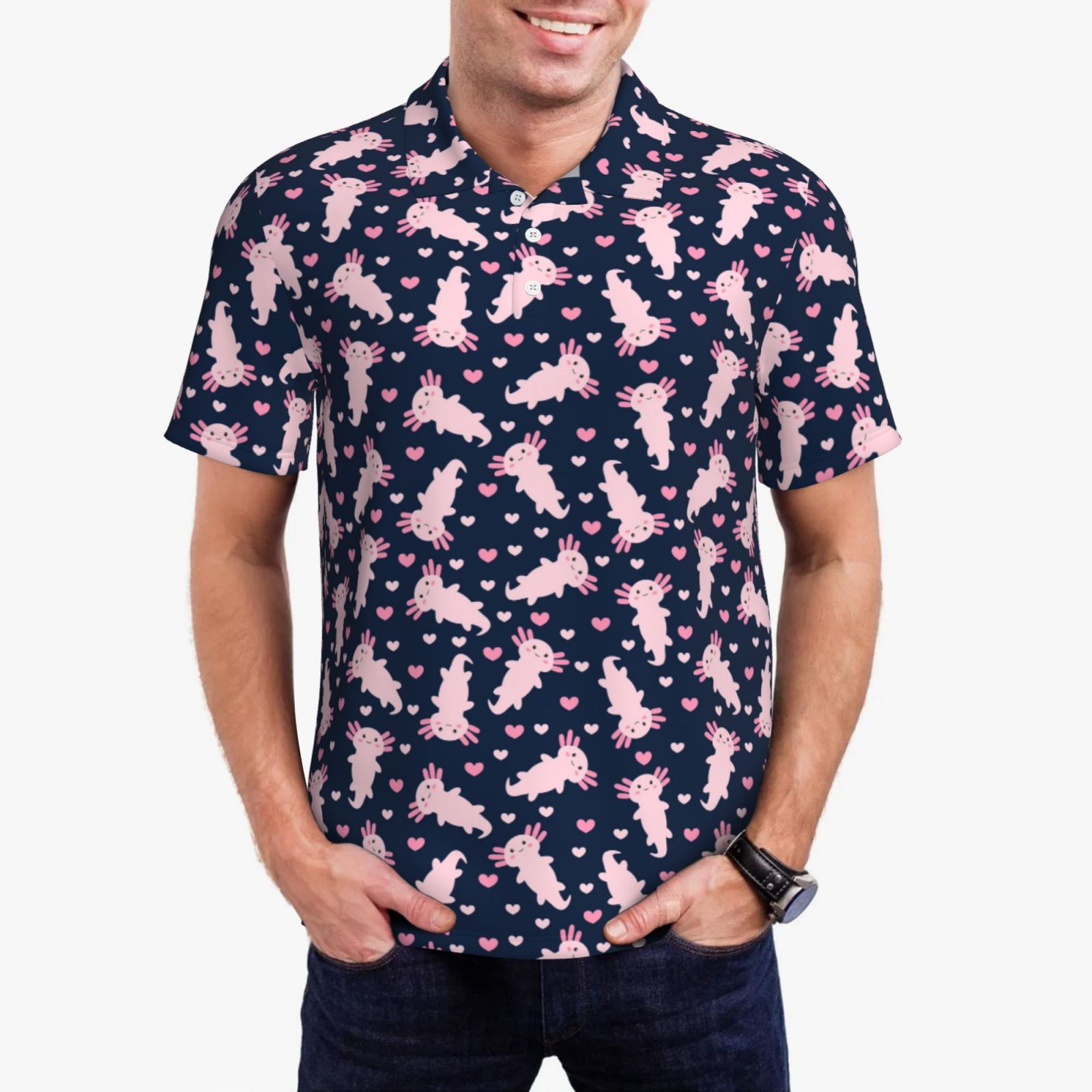 Polo Shirts for Men, Cute cartoon pink axolotl heart Cuteness Casual ...