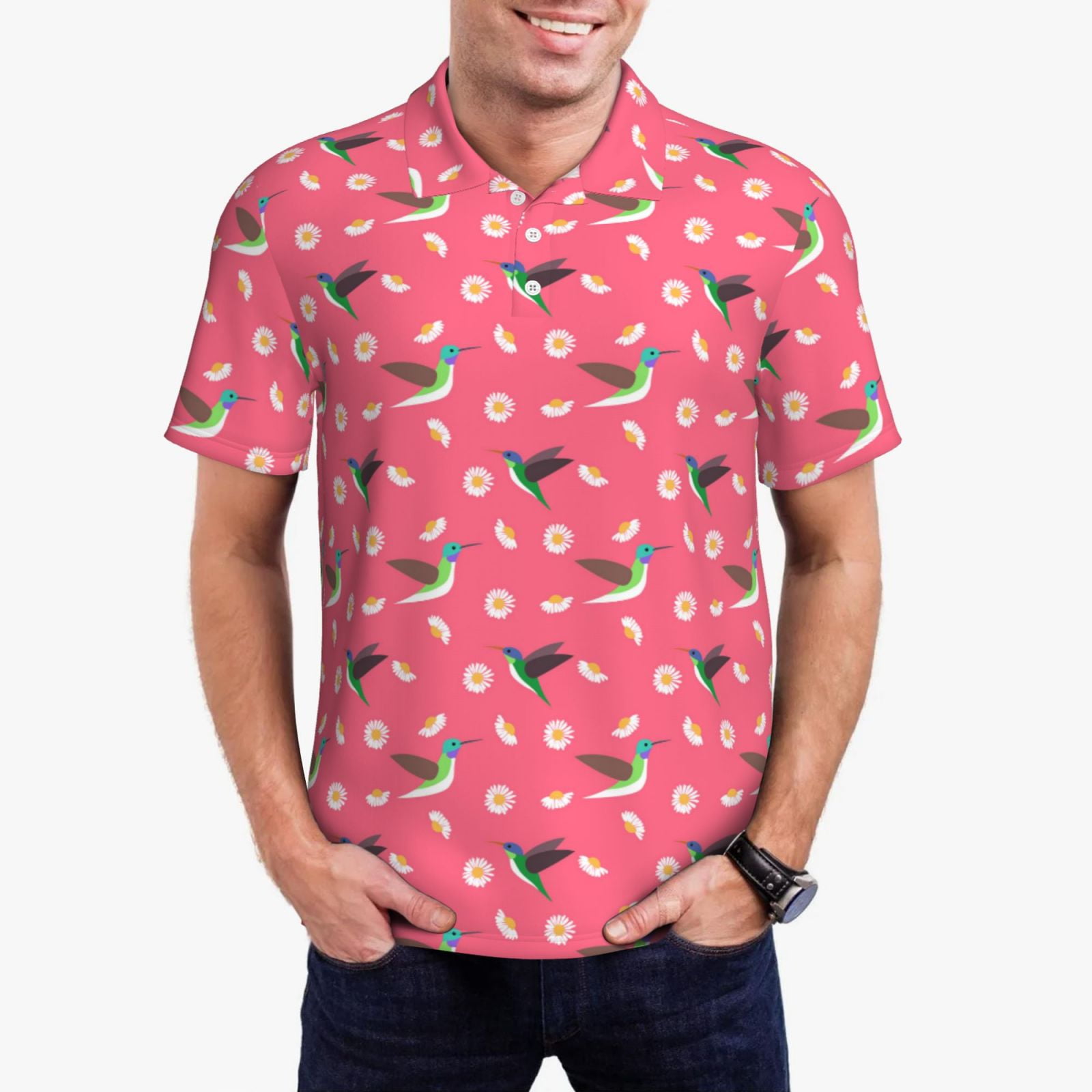 Polo Shirts for Men - Daisy Hummingbird Print Pink Classic Mens Polo ...