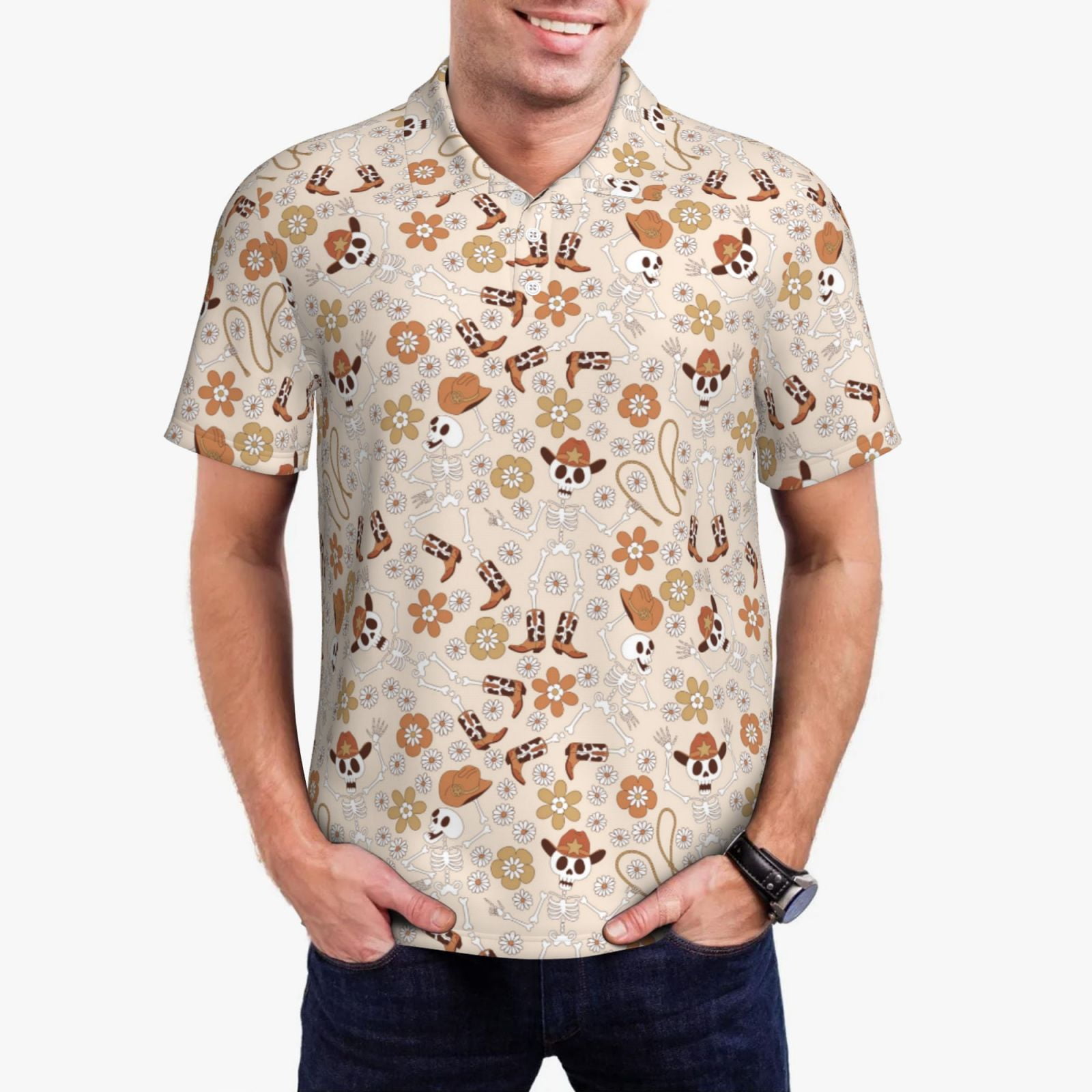 Polo Shirts for Men Dancing Cowboy Skeleton Casual Mens Short Sleeve ...