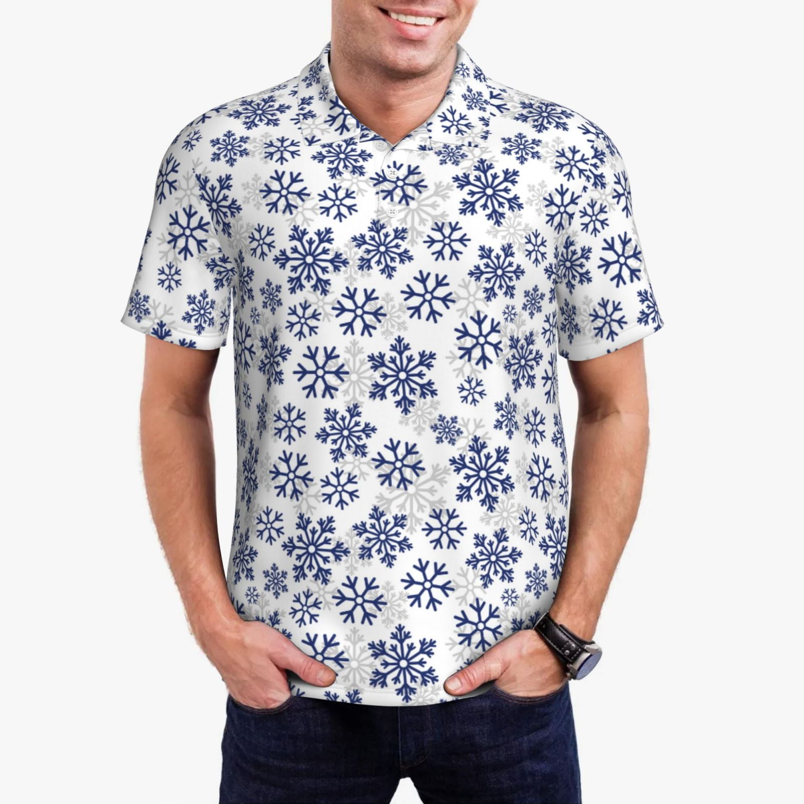 Polo Shirts for Men - Dark Blue Snowflakes Mens Polo Shirts Short ...