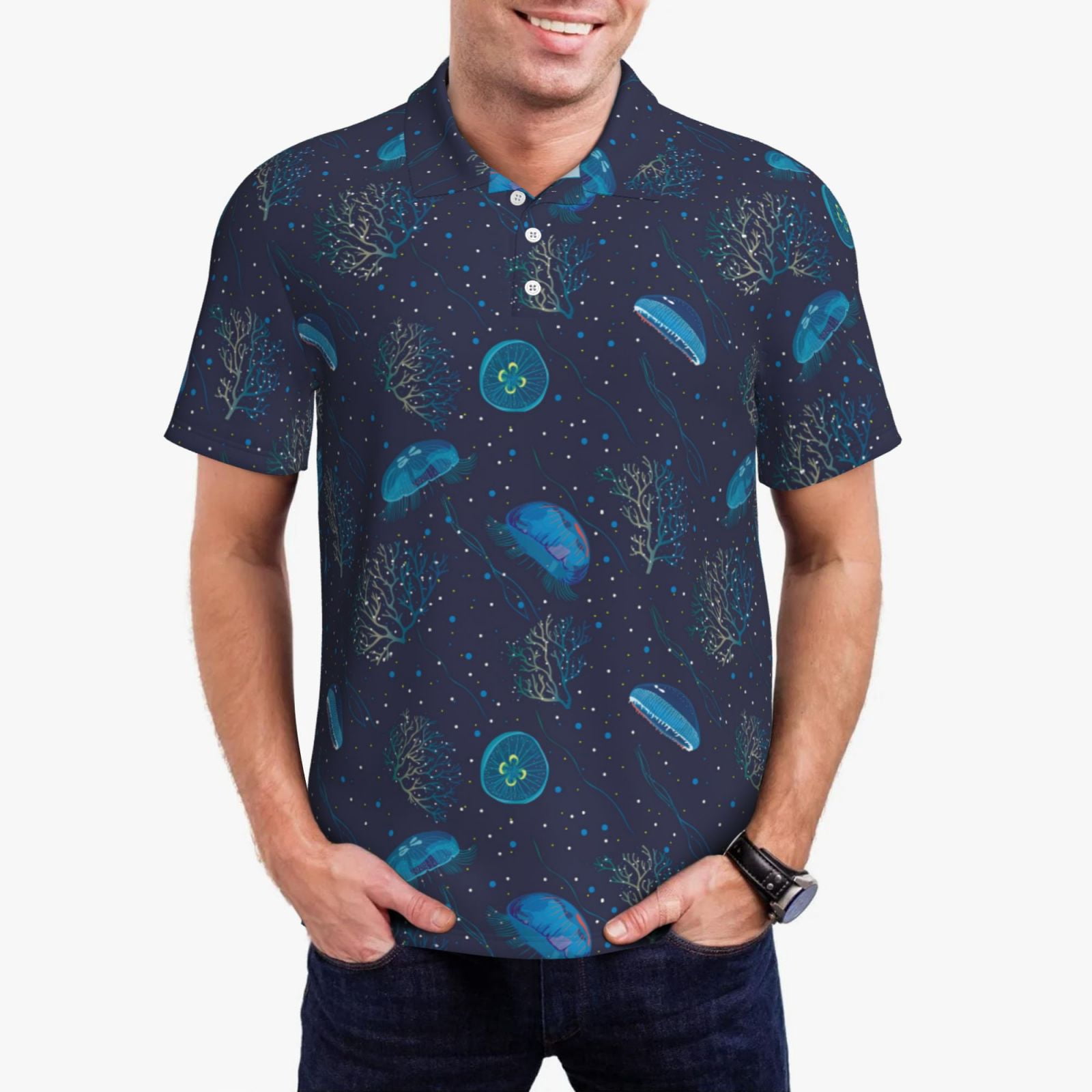 Polo Shirts for Men - Deep Blue Coral Jellyfish Mens Polo Shirts Short ...