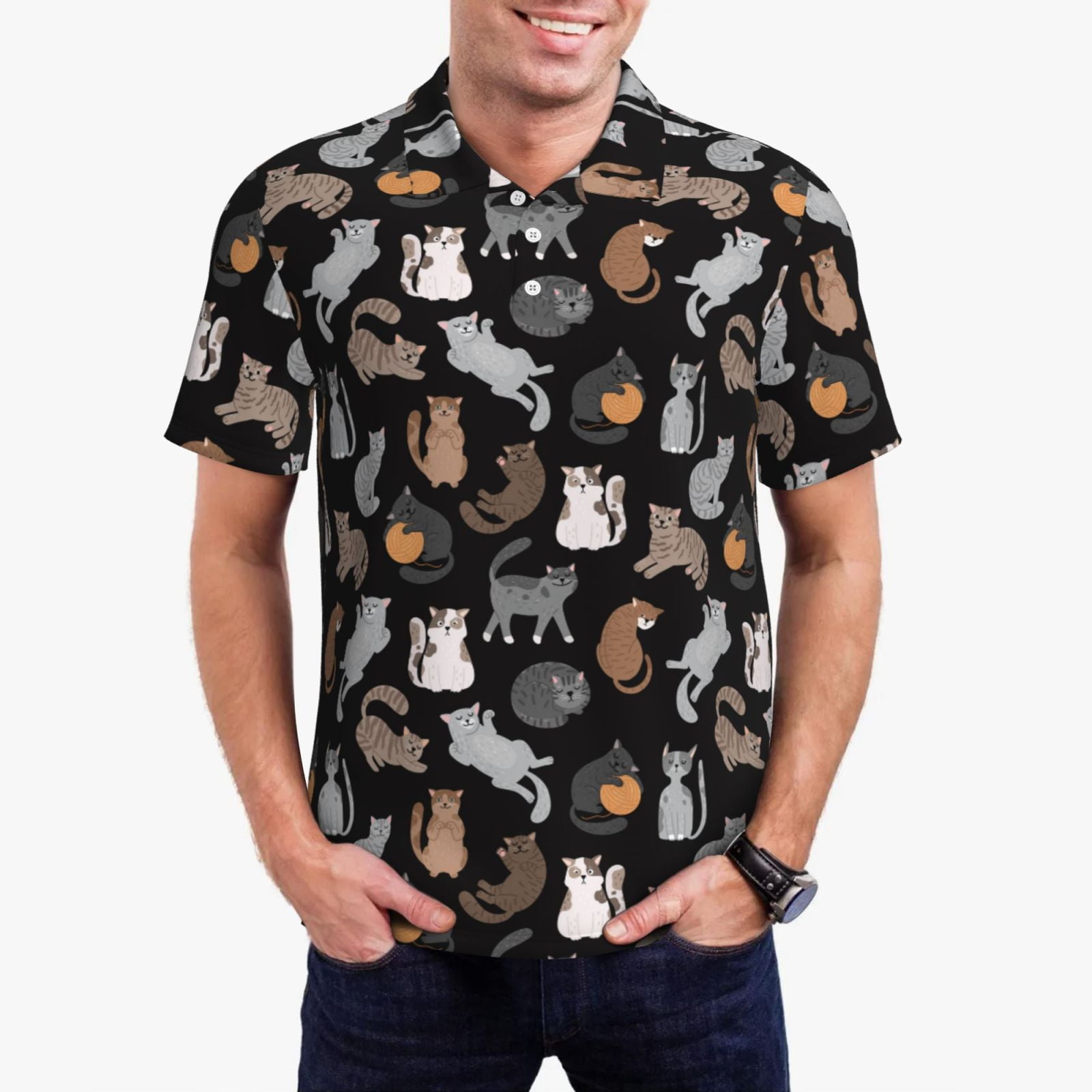 Polo Shirts for Men - Delicate Cute Cartoon Cat Mens Polo Shirts Short ...