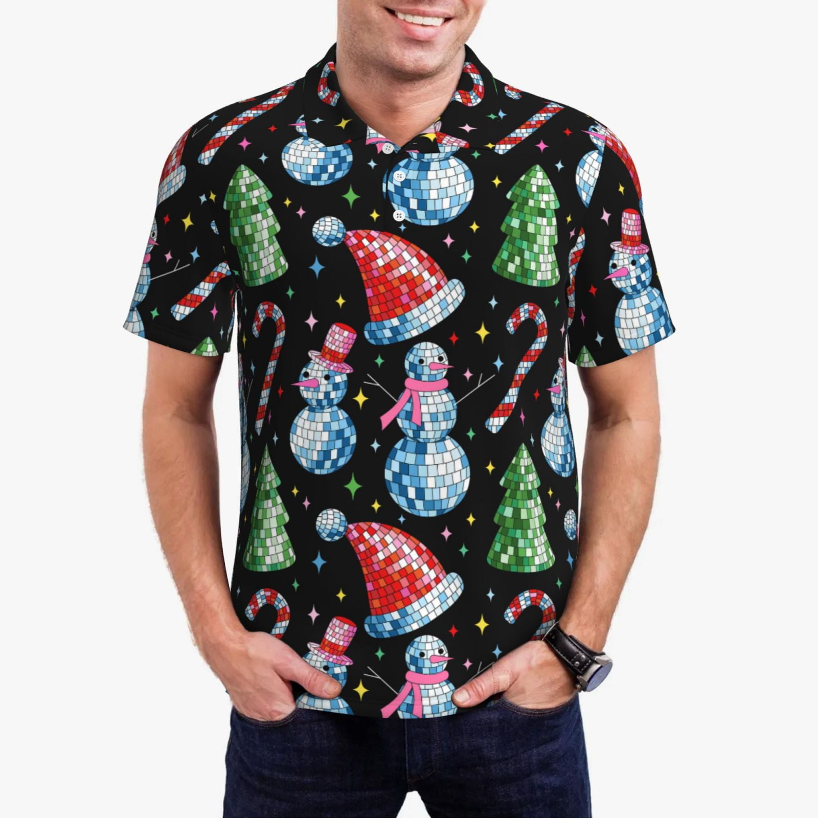 Polo Shirts for Men - Disco Mirror Ball Snowman Mens Polo Shirts Short ...