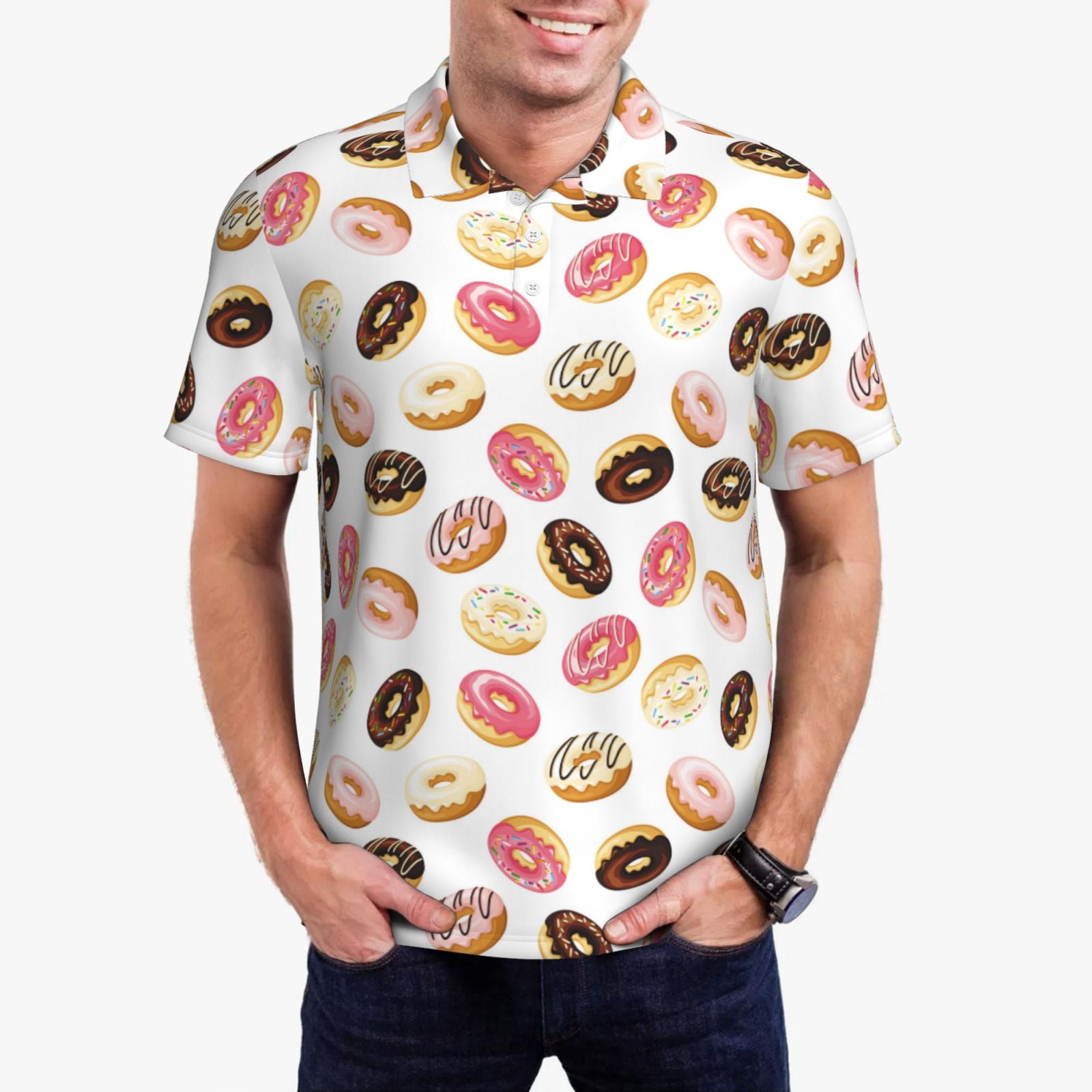 Polo Shirts for Men Donut Print White Casual Mens Short Sleeve Polo ...