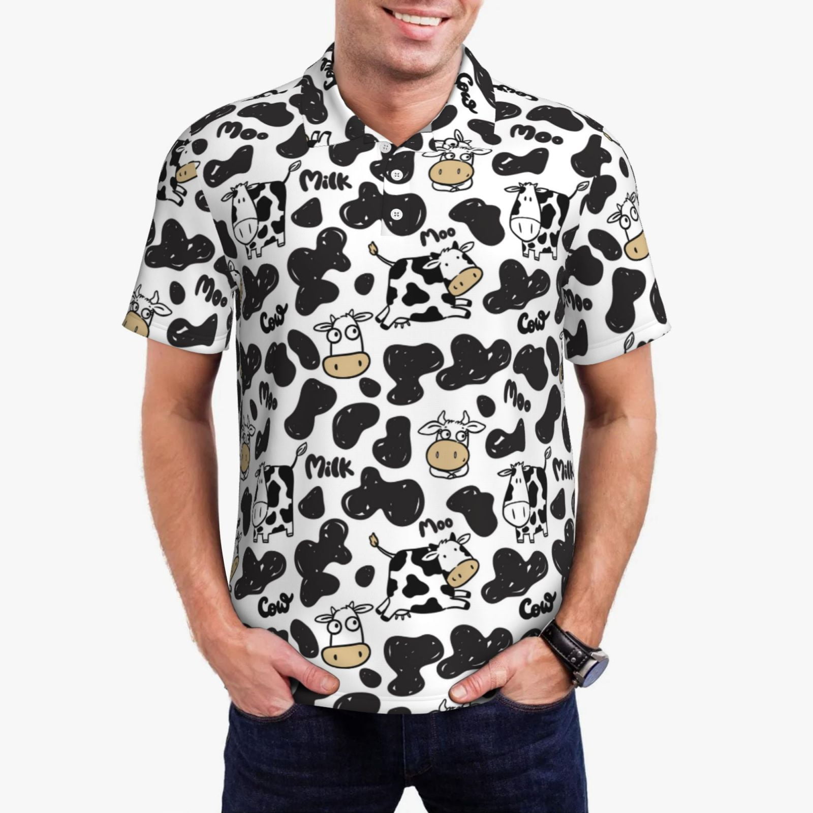 Polo Shirts for Men Edgy Cartoon Cute Cow Black White Casual Mens Short ...