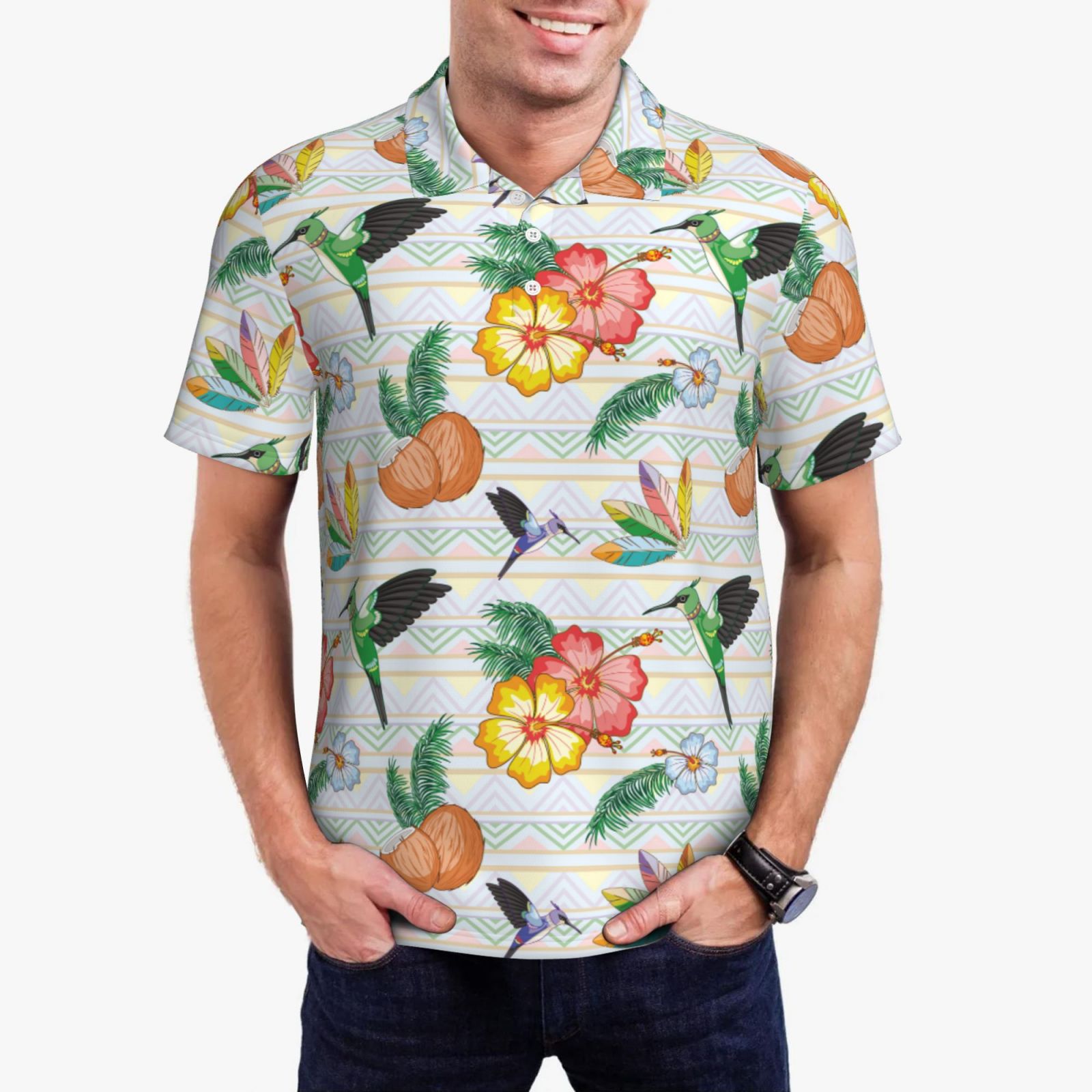 Polo Shirts for Men, Ethnic Hummingbird Flower Cuteness Casual Mens ...