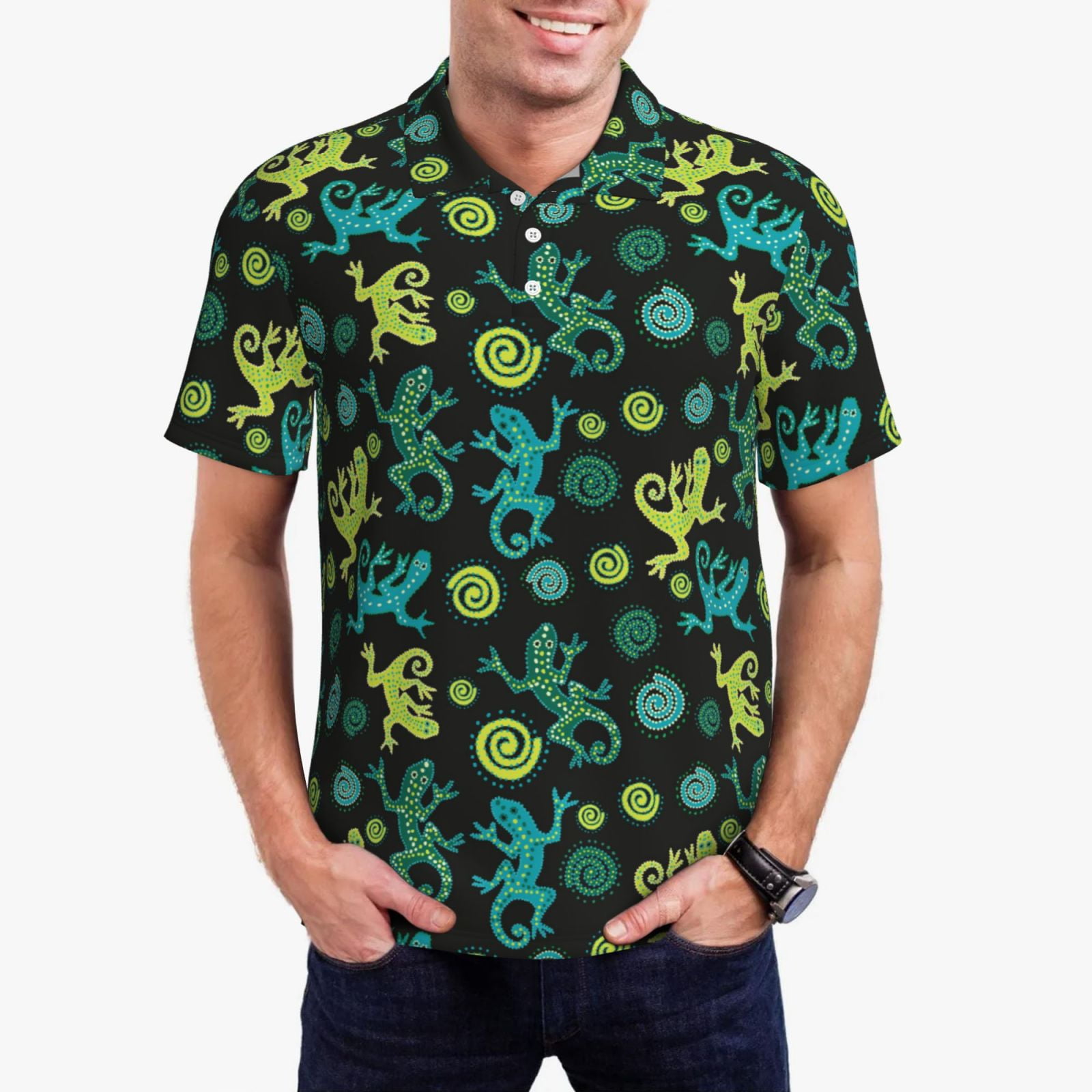 Polo Shirts for Men - Exotic Abstract Cute Gecko Lizard Classic Mens ...