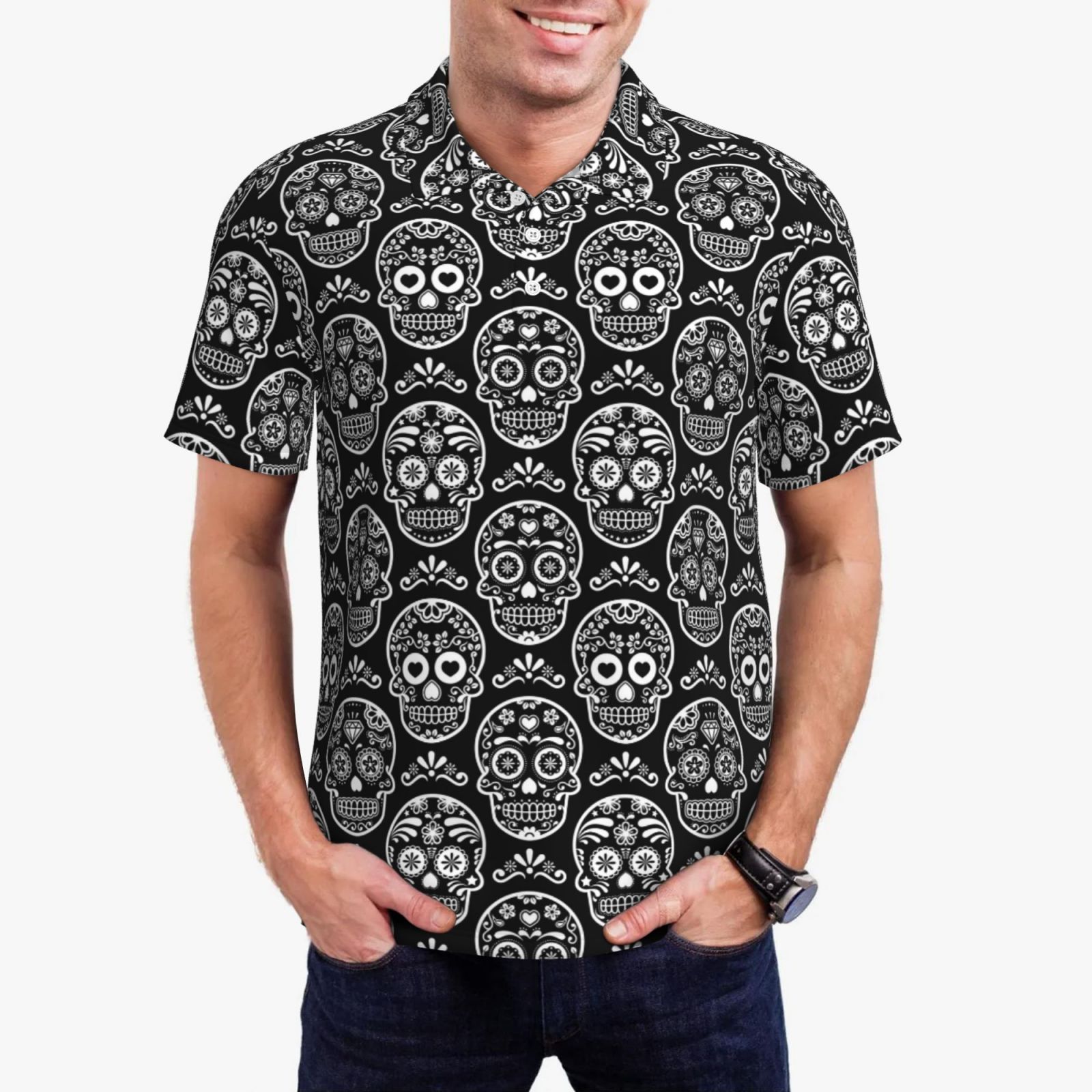 Polo Shirts for Men Exotic Black White Line Skull Casual Mens Short ...
