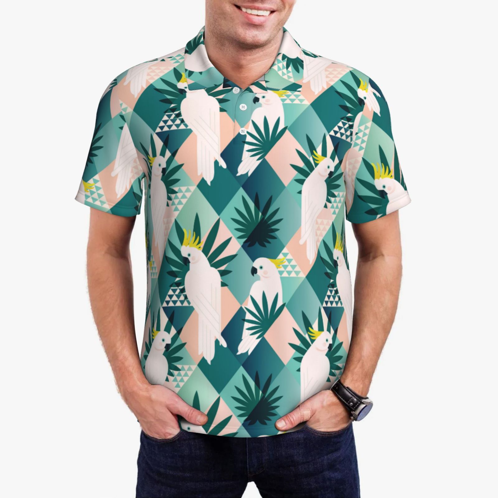 Polo Shirts for Men - Exotic Cockatoo Parrot White Mens Polo Shirts ...