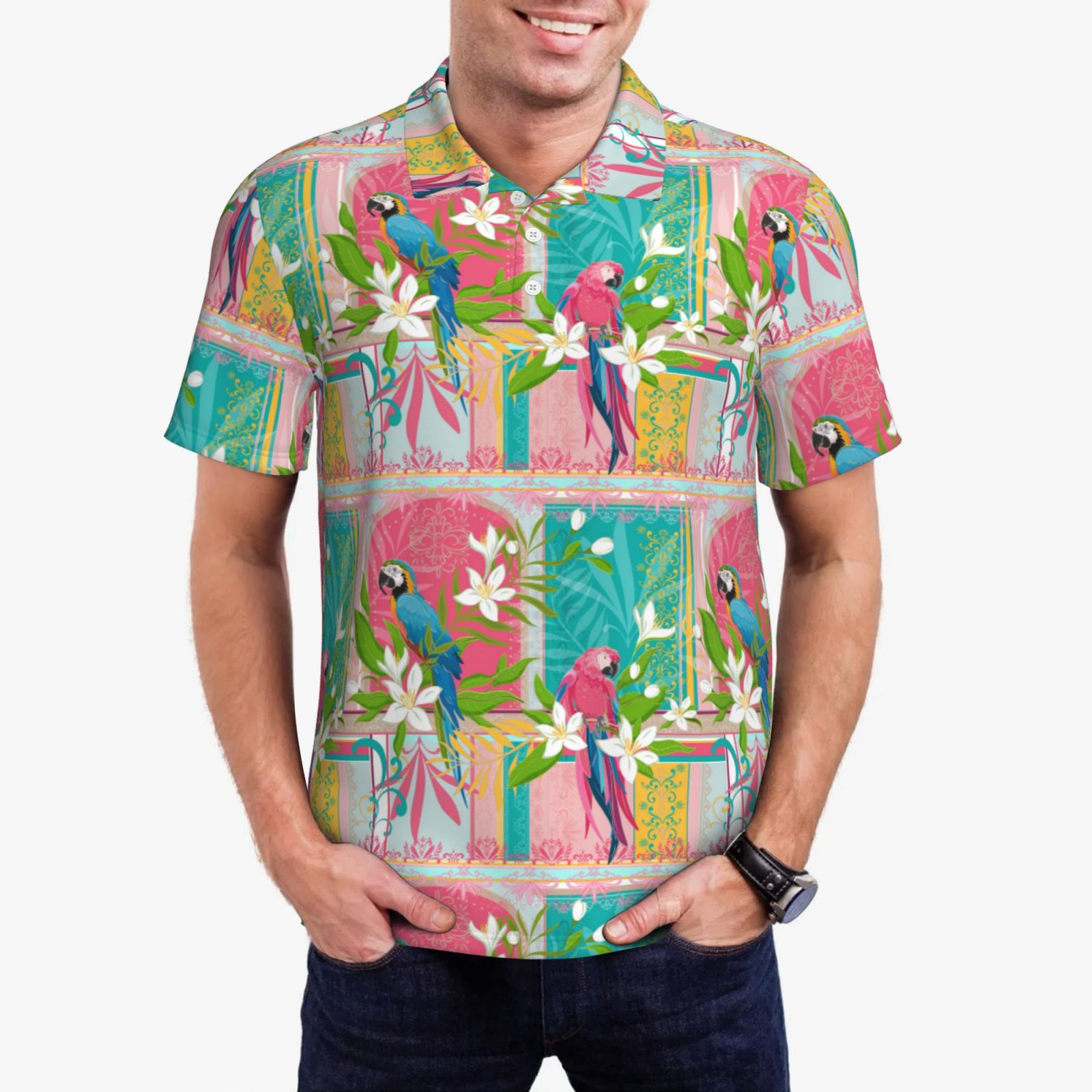 Polo Shirts for Men - Exotic Colorful Parrot Flower Classic Mens Polo ...