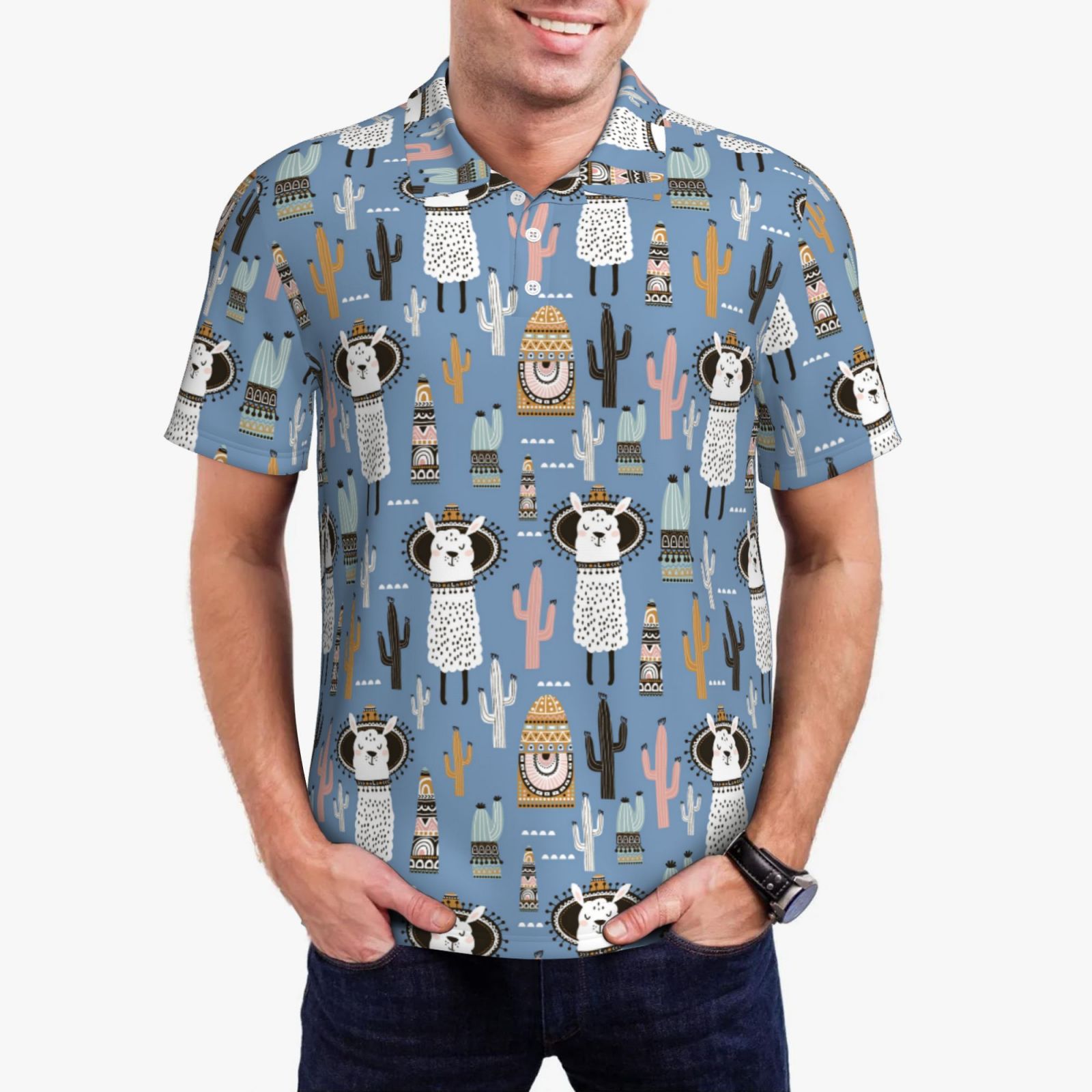 Polo Shirts for Men Exotic Cute Alpaca Cactus Casual Mens Short Sleeve ...