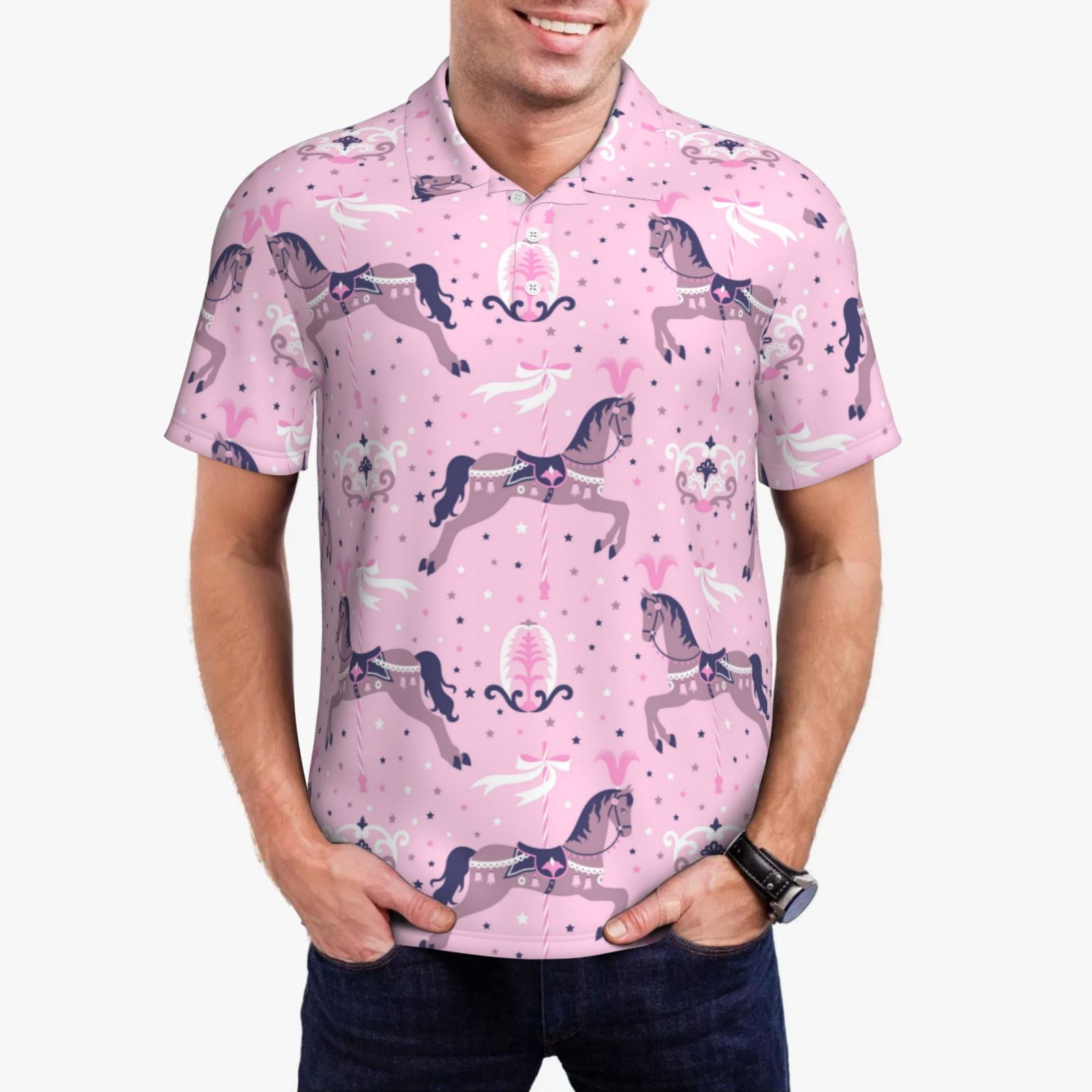 Polo Shirts for Men Exotic Cute Horse Star Pink Casual Mens Short ...