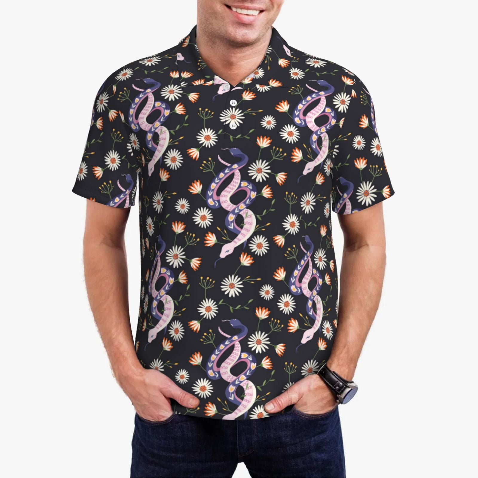 Polo Shirts for Men Exotic Cute Snake White Daisy Casual Mens Short ...