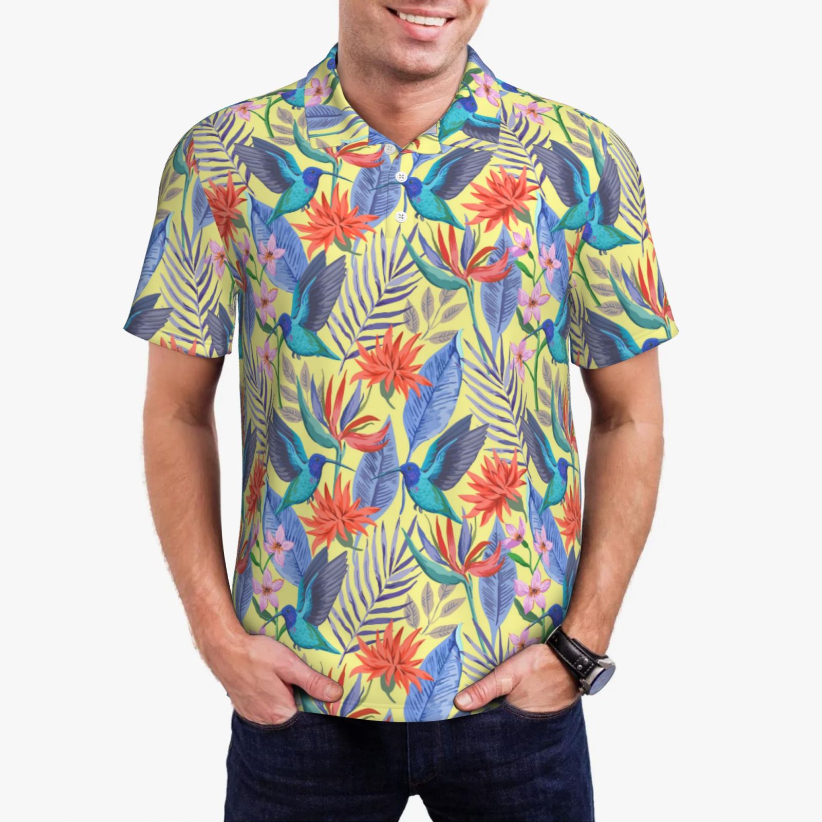 Polo Shirts for Men, Exotic Flowers and Birds Cuteness Casual Mens Polo ...