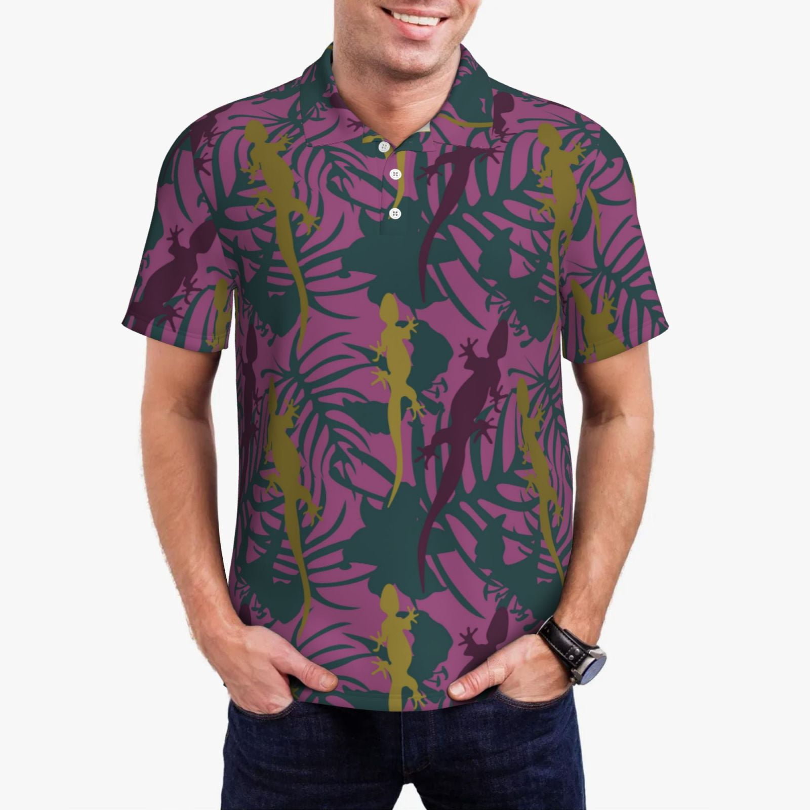 Polo Shirts for Men Exotic Gecko Lizard Leaves Casual Mens Short Sleeve ...