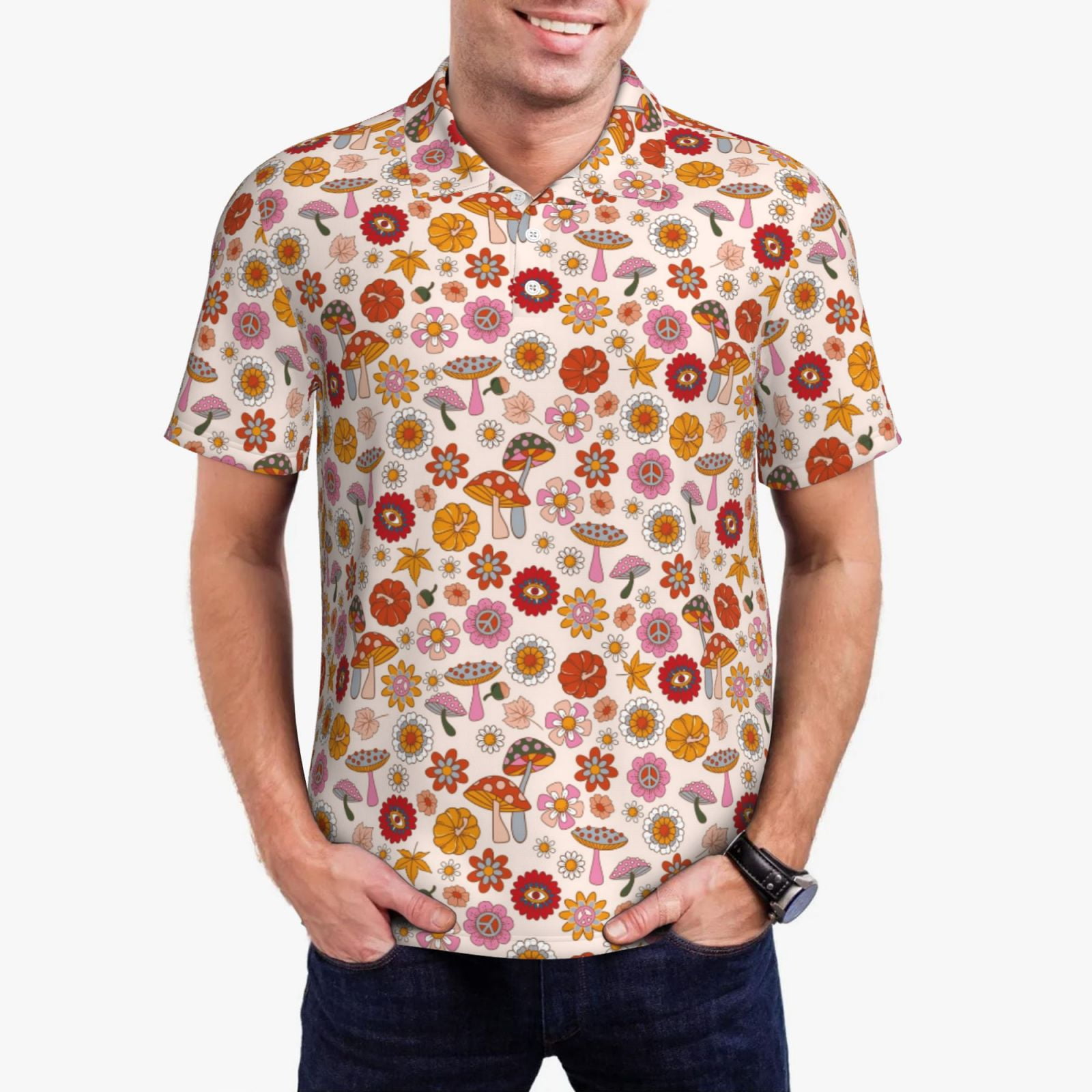 Polo Shirts for Men Fall 70s Groovy Hippie Casual Mens Short Sleeve ...