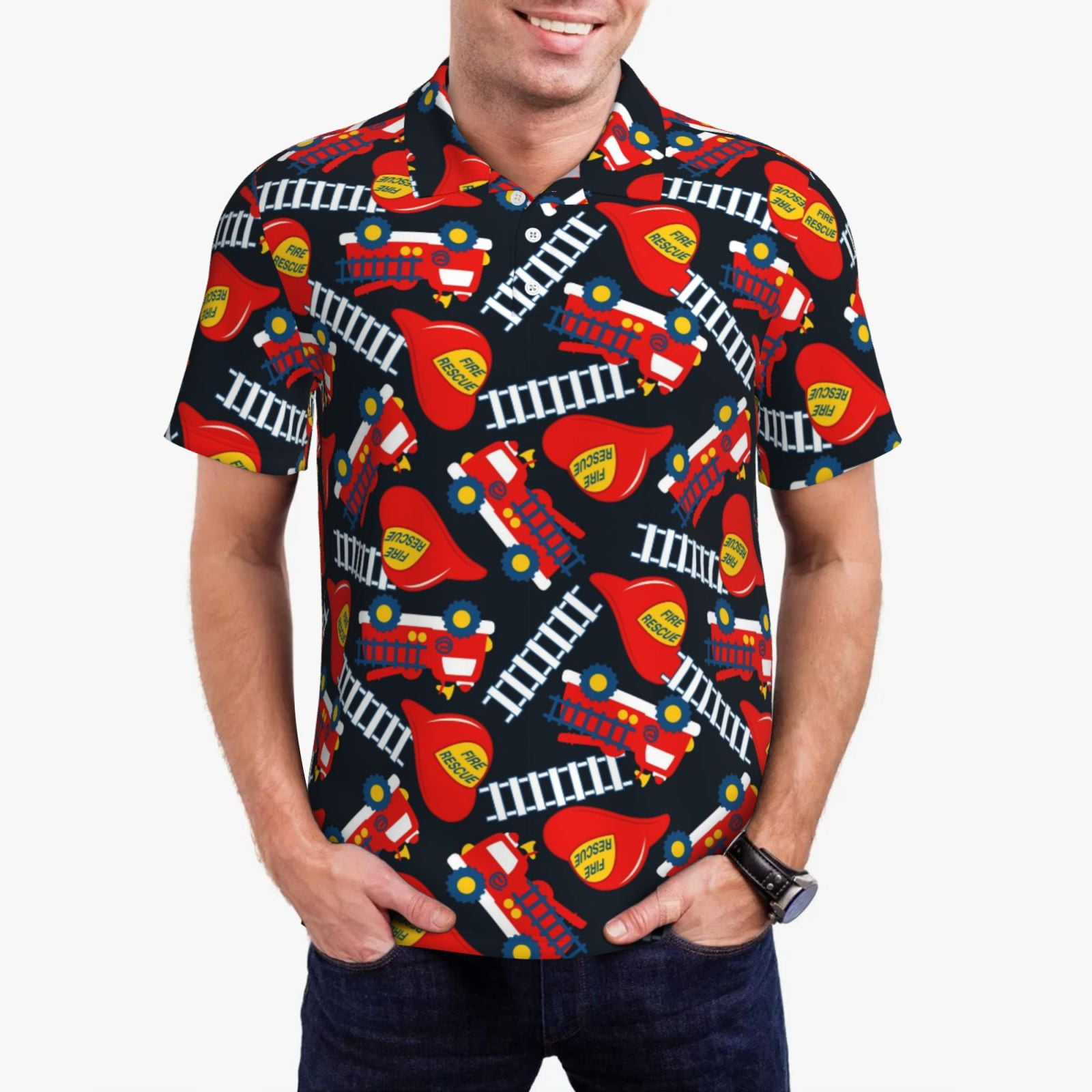 Polo Shirts for Men Fire Rescue With Red Helmet And Truck Casual Mens ...
