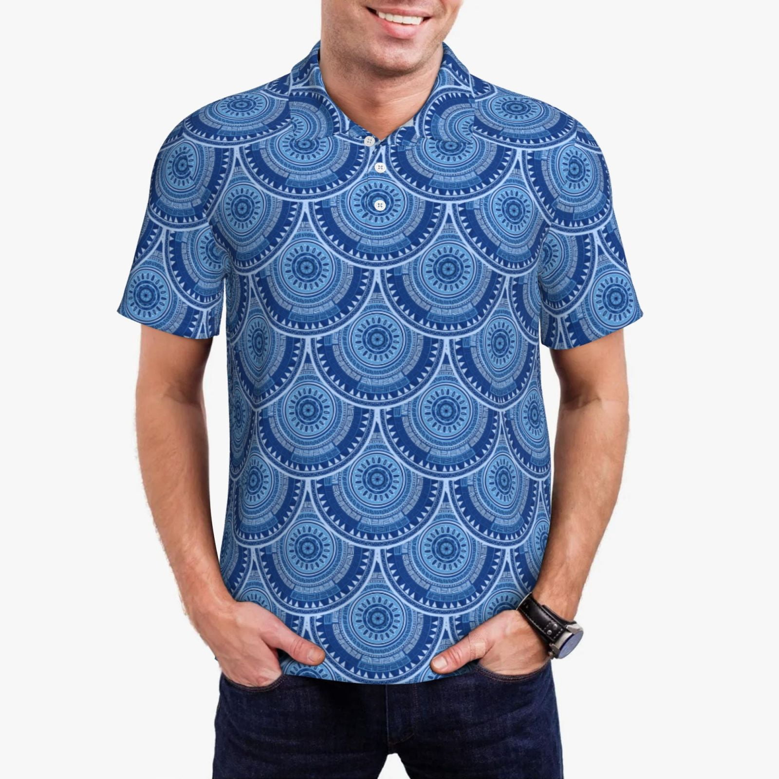 Polo Shirts for Men, Fish scale Exotic blue Cuteness Casual Mens Polo ...