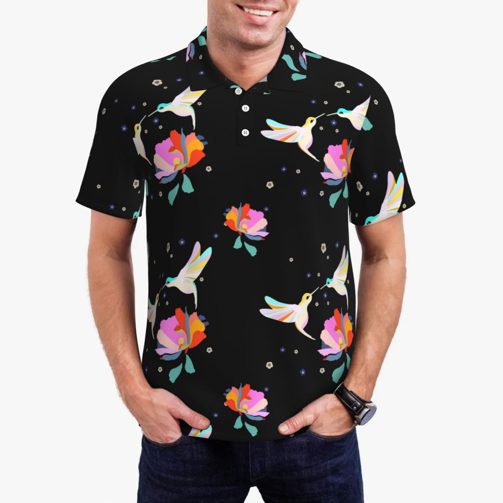 Polo Shirts for Men - Flower Hummingbird Black Mens Polo Shirts Short ...